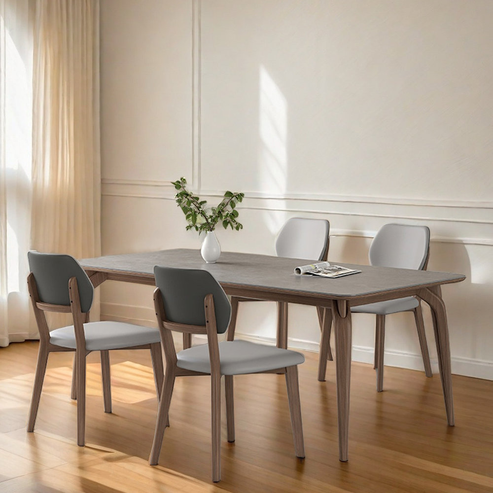 HomeLuxea White Ash Sintered Stone Table And Oak Chairs Set 5 - Piece ...