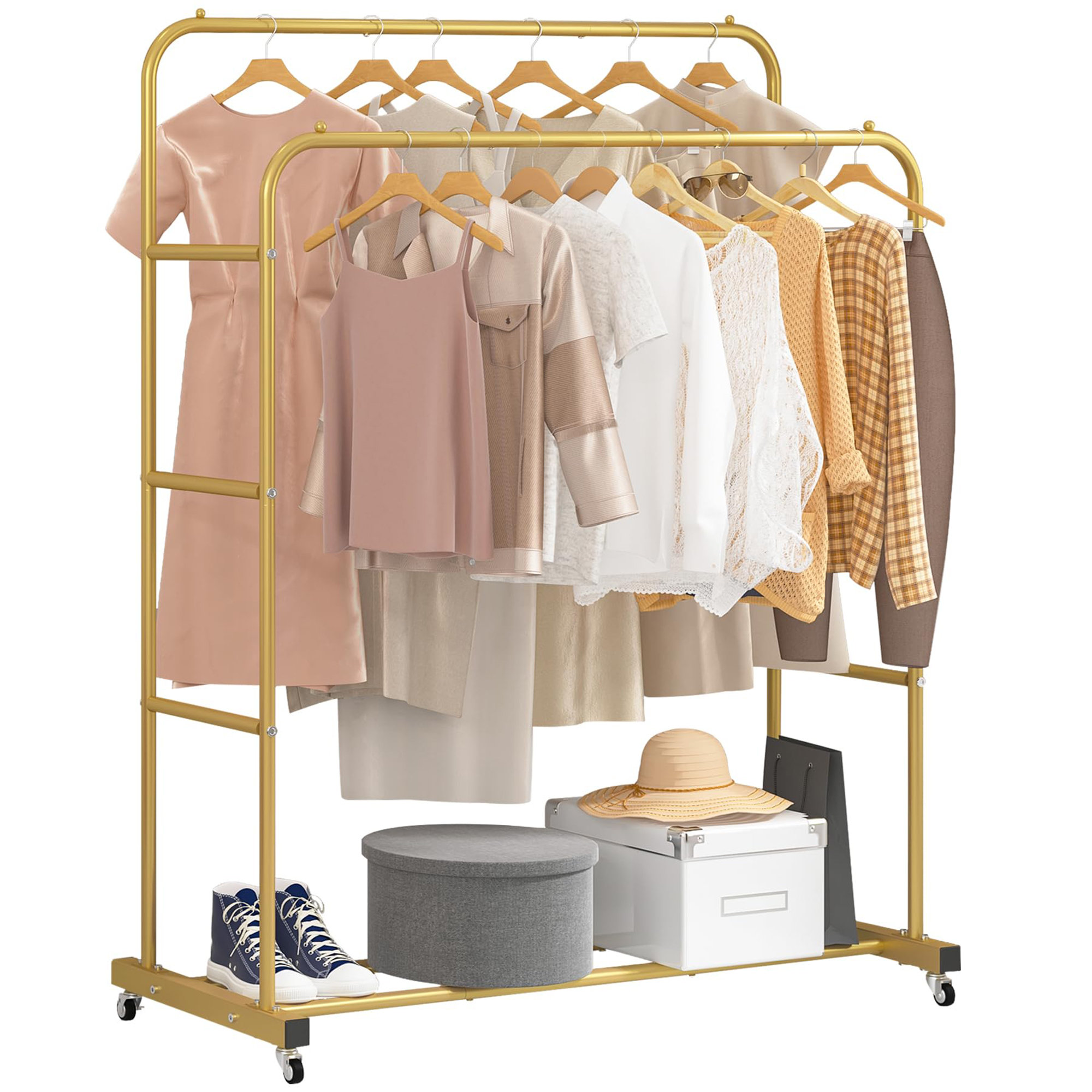 Everly Quinn Double Rods Clothing Rack with Wheels, Garment Rack for ...