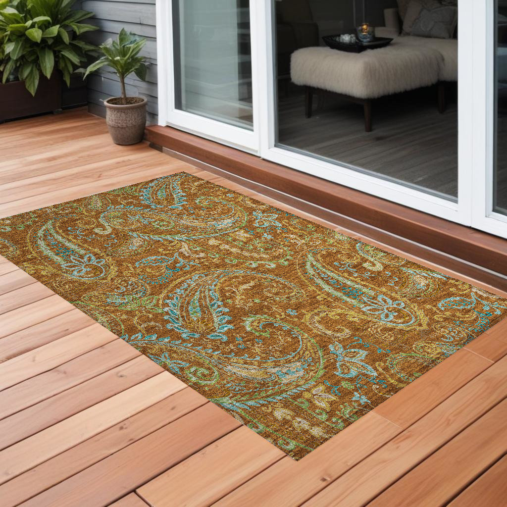 HomeRoots 2' X 3' Orange Paisley Washable Non Skid Indoor Outdoor Area ...