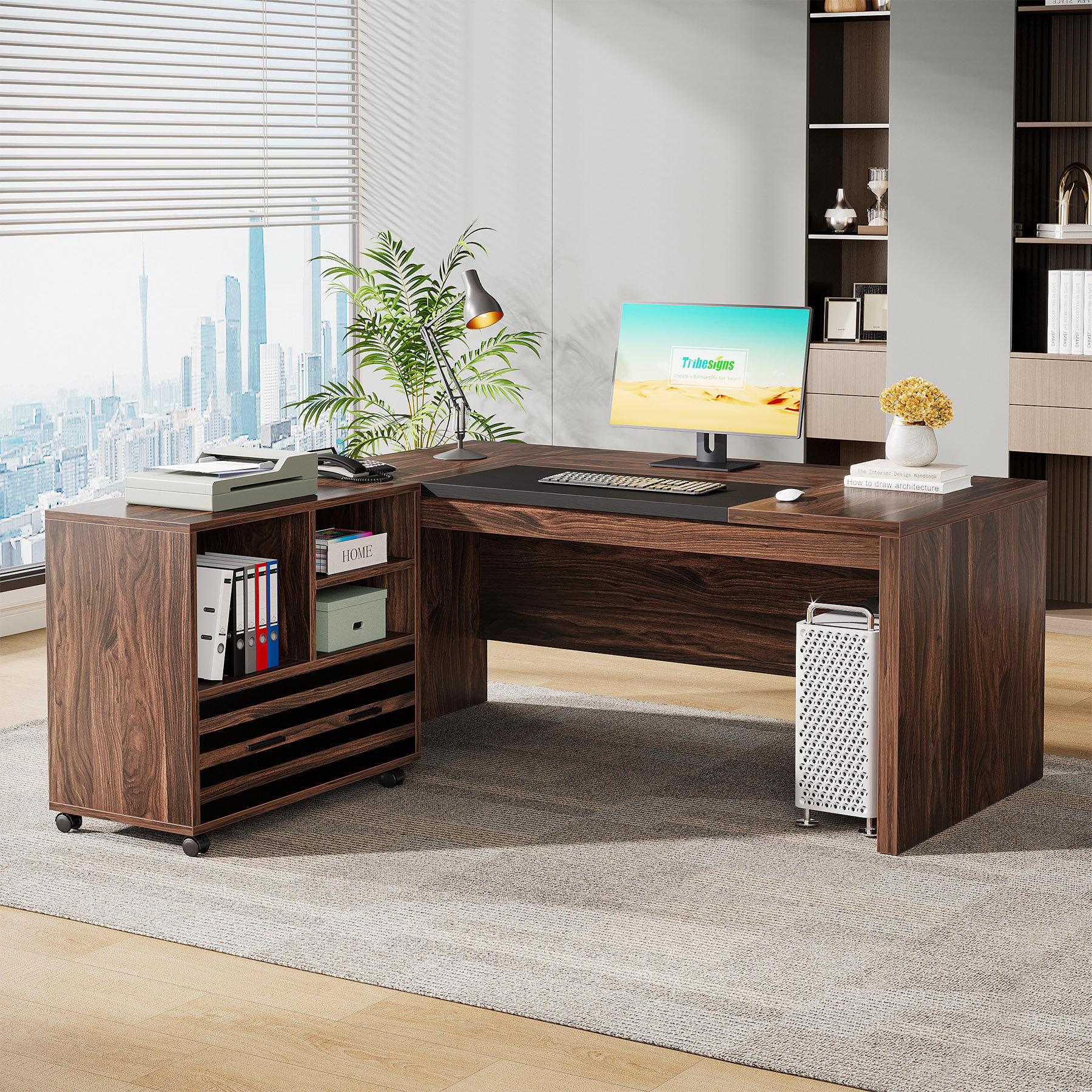 Latitude Run® 62.2" Executive Desk With Mobile File Cabinet, L-shaped ...