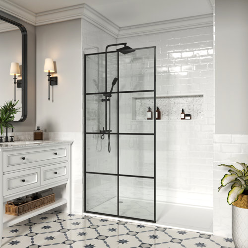MCOCOD 36" W x 76" H Fixed Single Panel Shower Door in Matte Black with ...