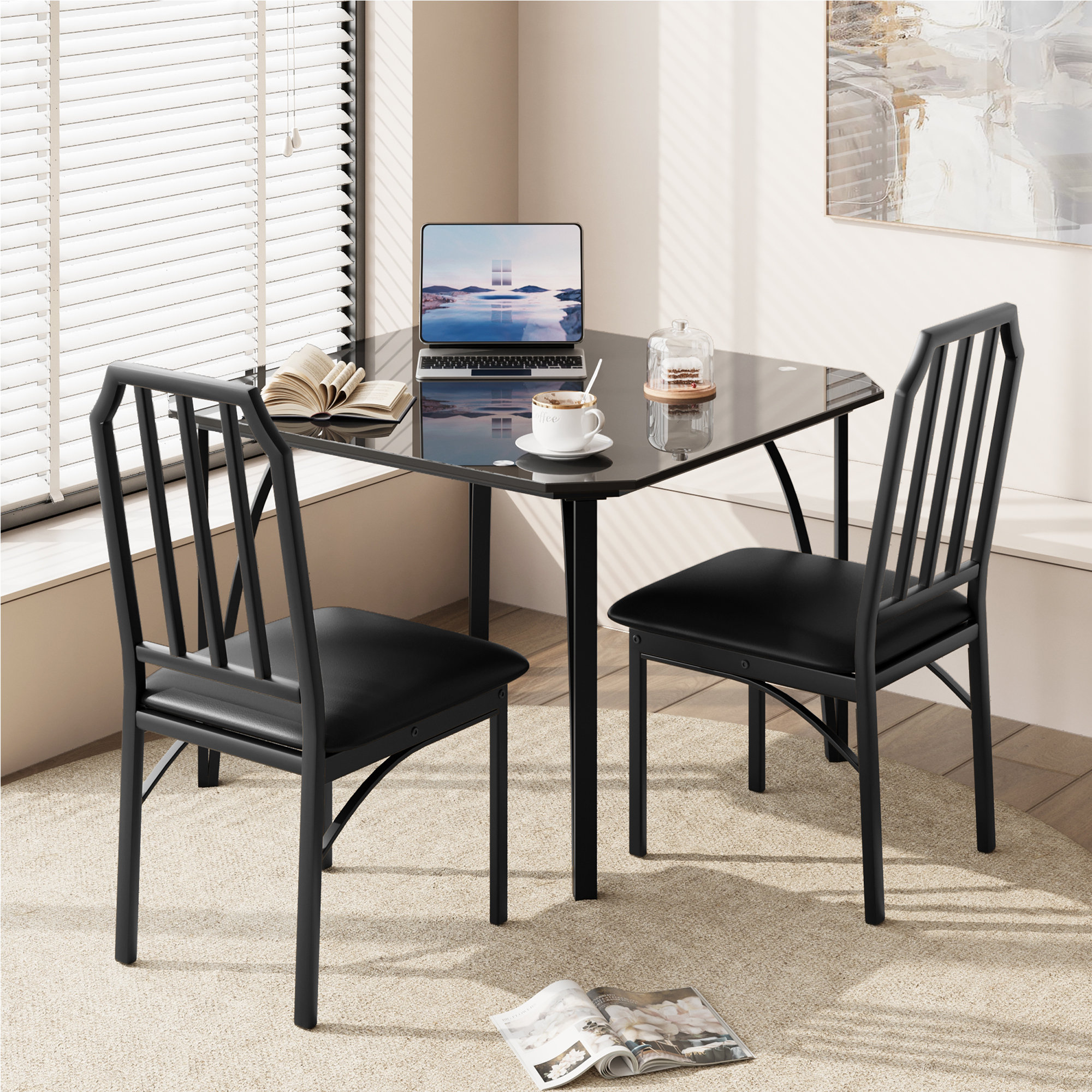 Winston Porter Dining Table Set for 2, Kitchen Table Chairs Set with Pu Cushion Kitchen Chairs ...