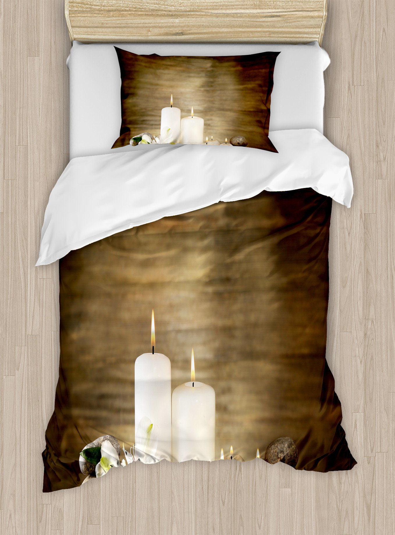 Ambesonne Spa Duvet Cover Set, Wooden Stones Flower Petal, Twin, Brown ...