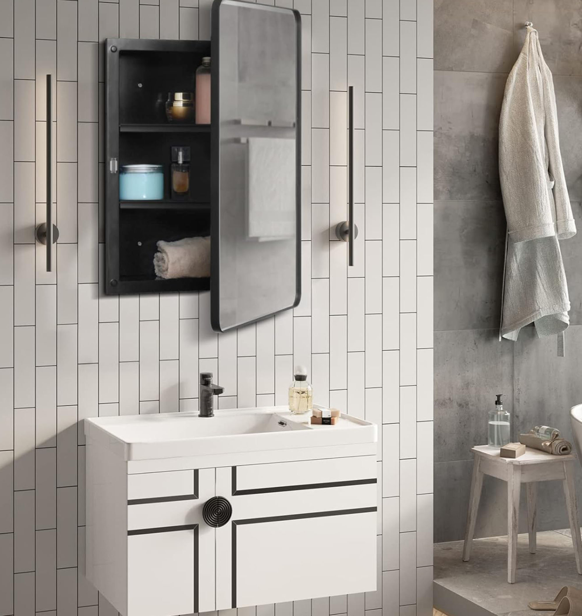 Ebern Designs Mirror Cabinet, Beveled Edge Mirror Door with Round ...