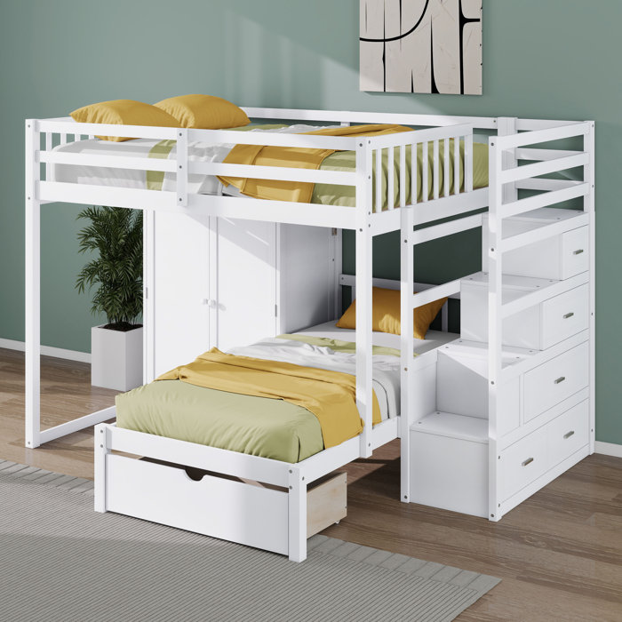 Full Size Loft Bed With Retractable Writing Desk & 4 Drawers, Wooden ...