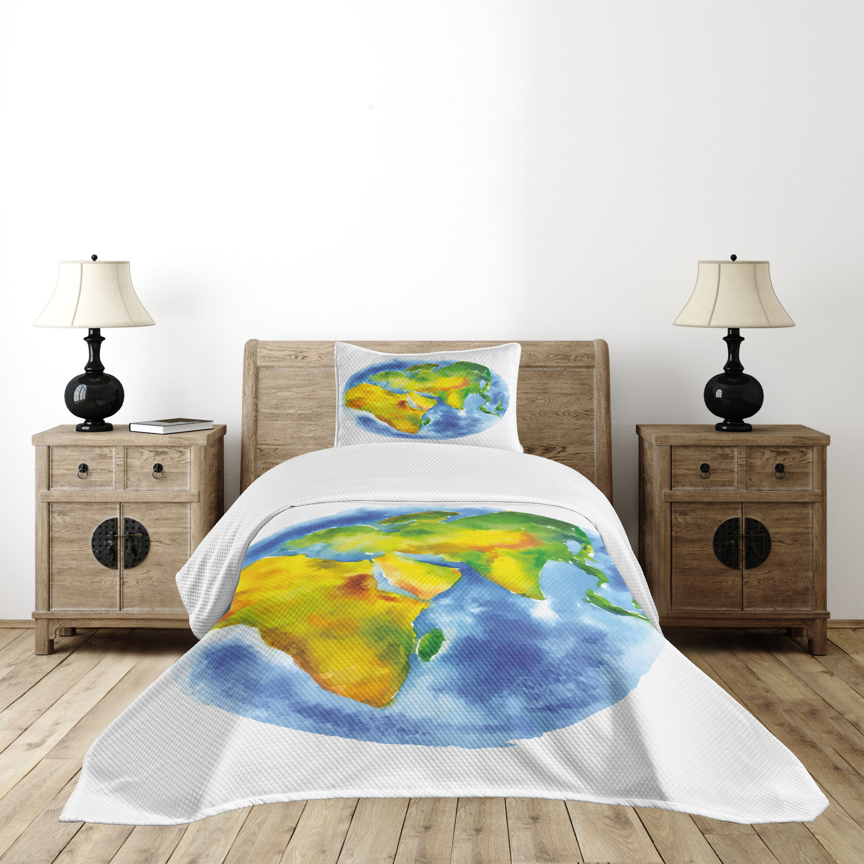 Ambesonne Earth Bedspread Set Globe of Earth Watercolors Pale Blue ...