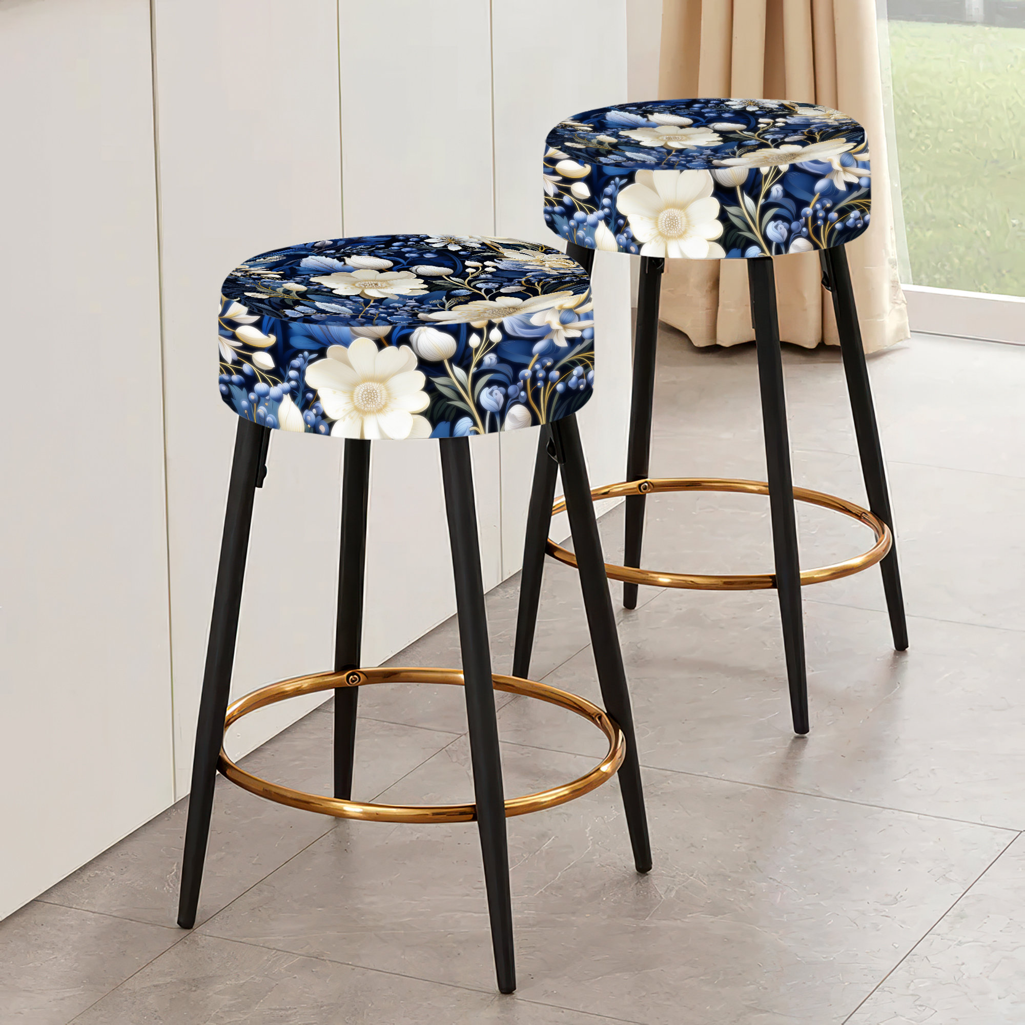 Design Art Deep Indigo Moonlit Flowers - Botanical Bar Stools Set Of 2 ...