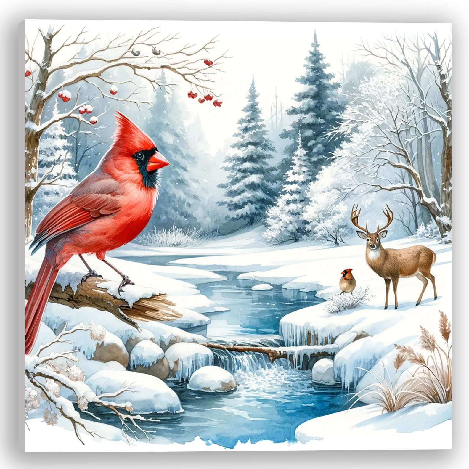 Millwood Pines Winter's Watch: Cardinal and Deer by the Frosty Creek ...