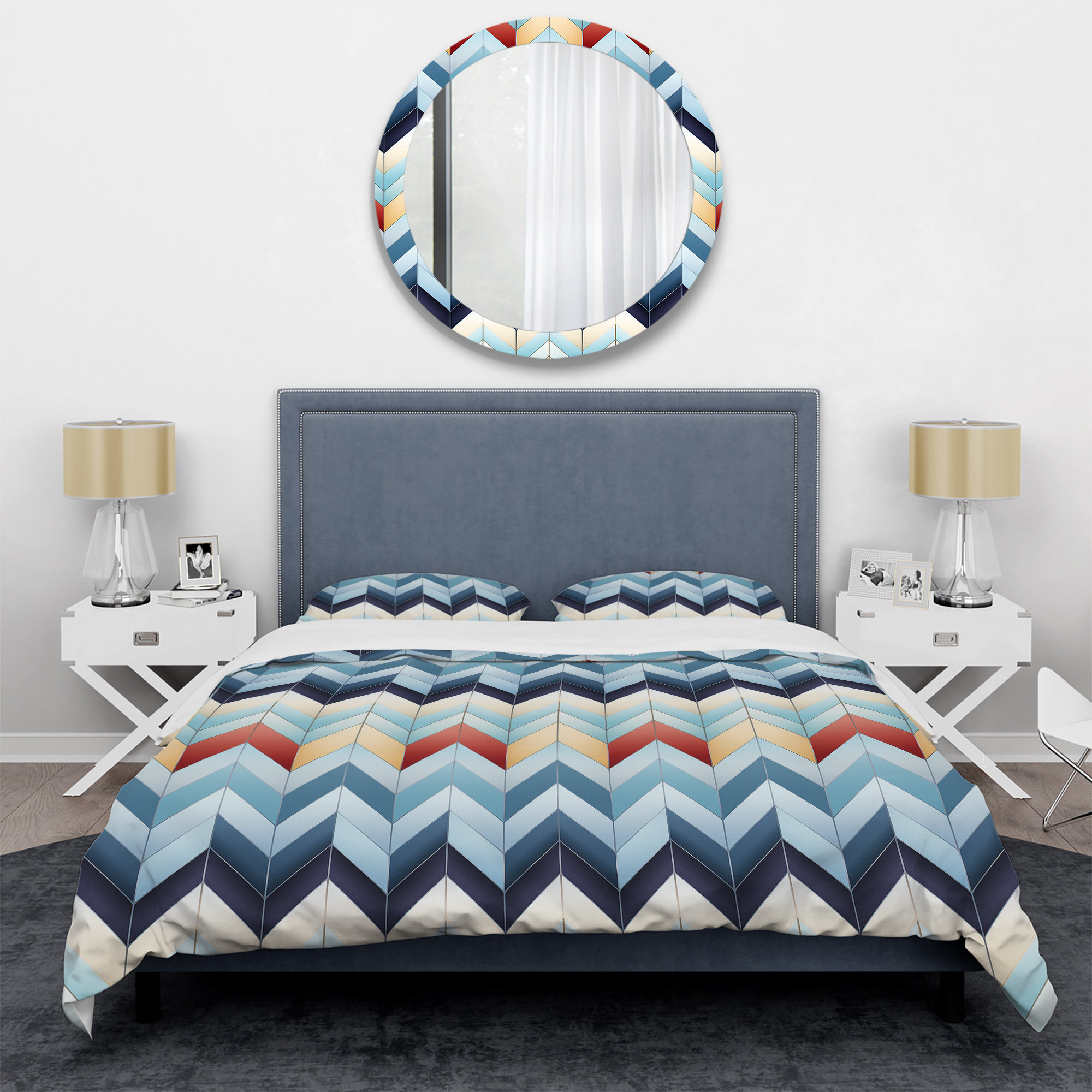 Design Art Geometric Harmony Chevron Pattern Blue/Red/Beige Microfiber ...