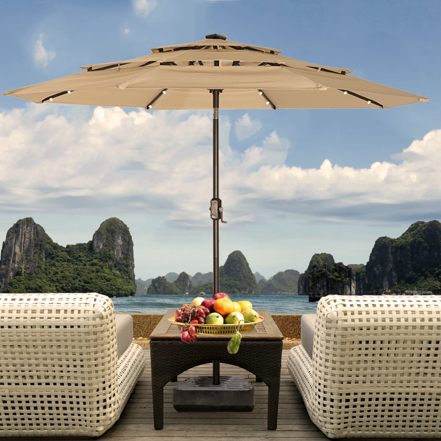 Arlmont & Co. Lindel Outdoor 9Ft Patio Umbrella With 3 Tiers And LED ...