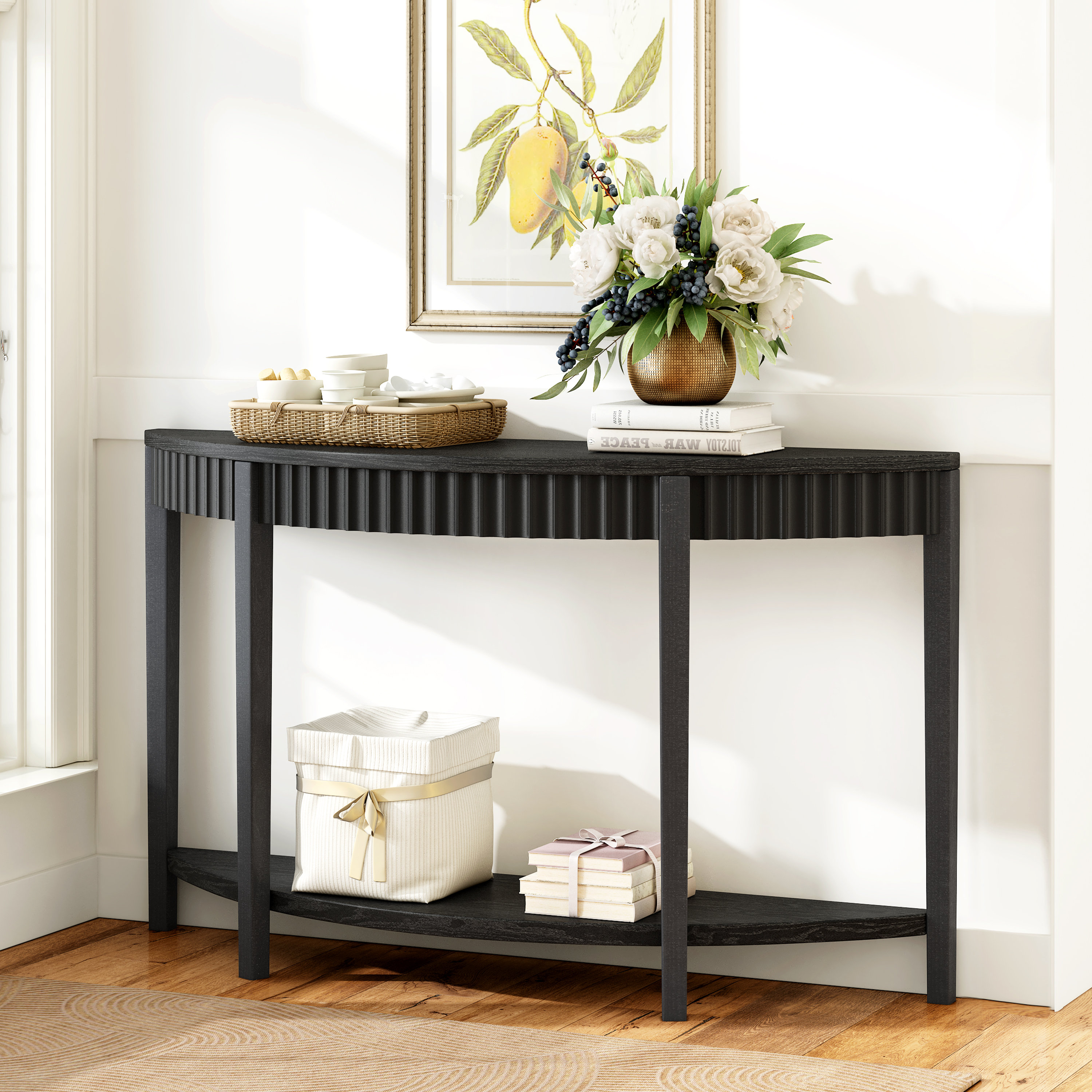 Latitude Run® Sunny Half-Moon Wooden Console Table With Open Shelf ...