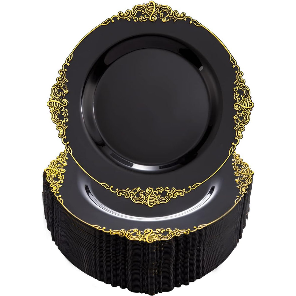 Nervure 100PCS Black And Gold Plastic Plates - 10.25Inch Black ...