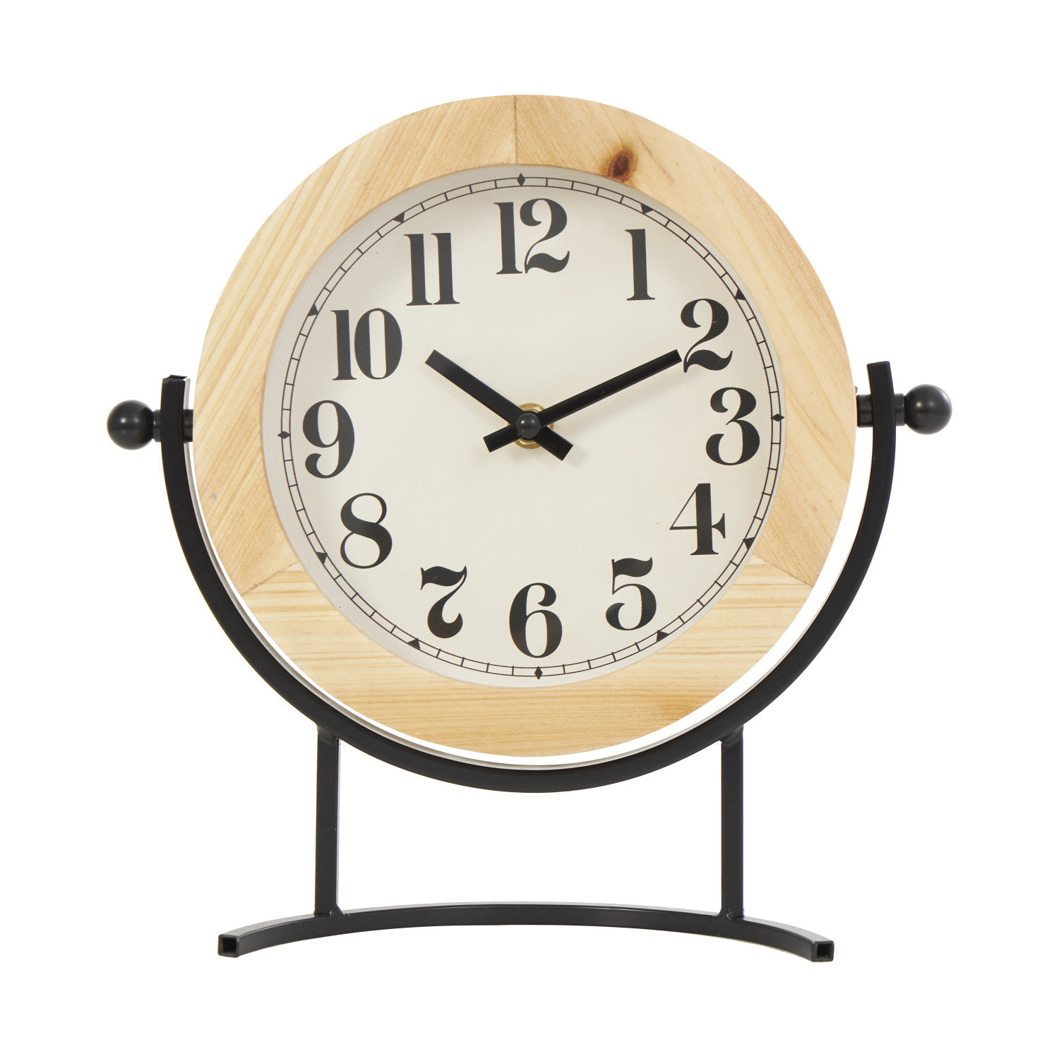 Ebern Designs Wood Decorative Light Brown Clock with Curved Black Metal ...