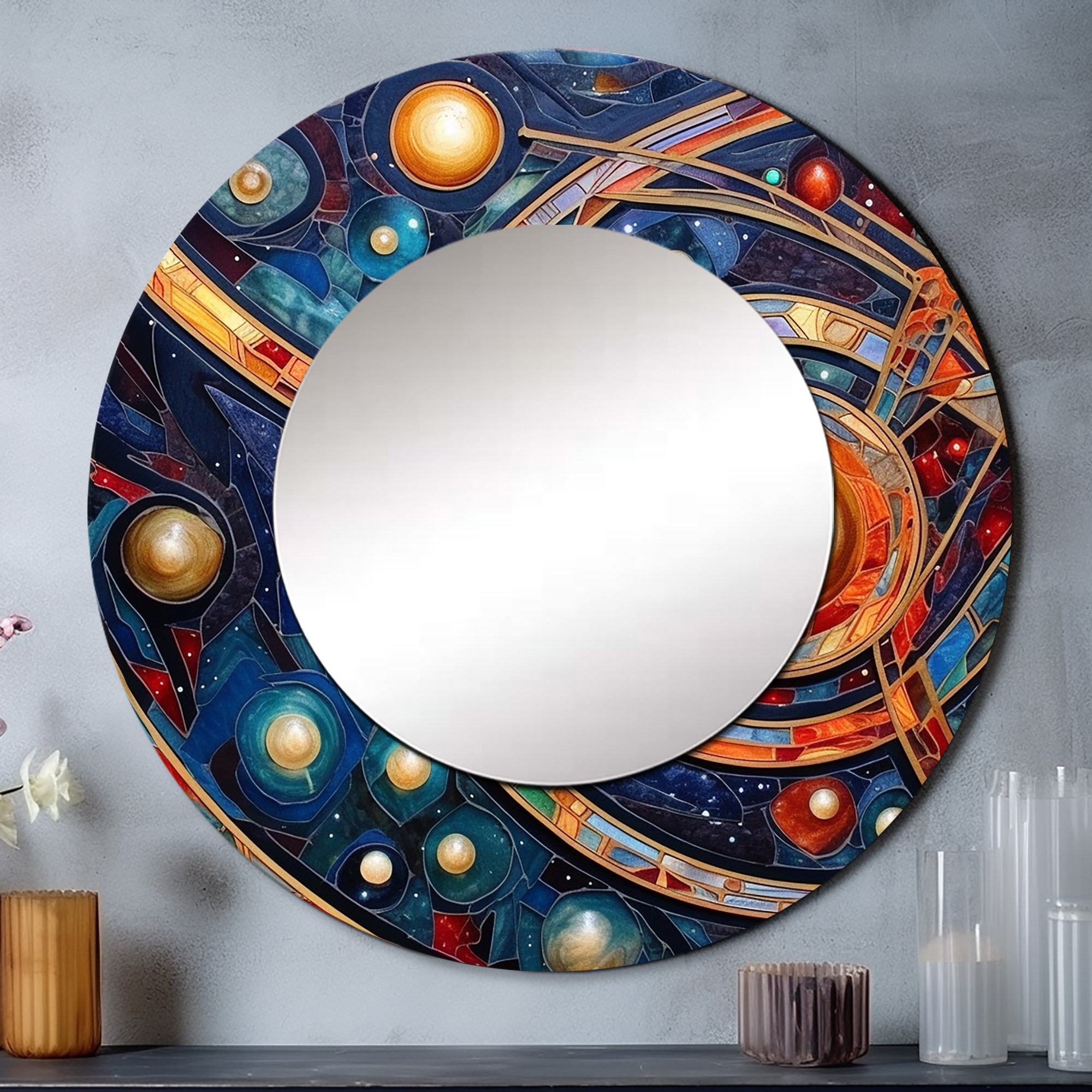 Design Art Orange Blue Galactic Universe I - Comets Round Mirror 36 ...