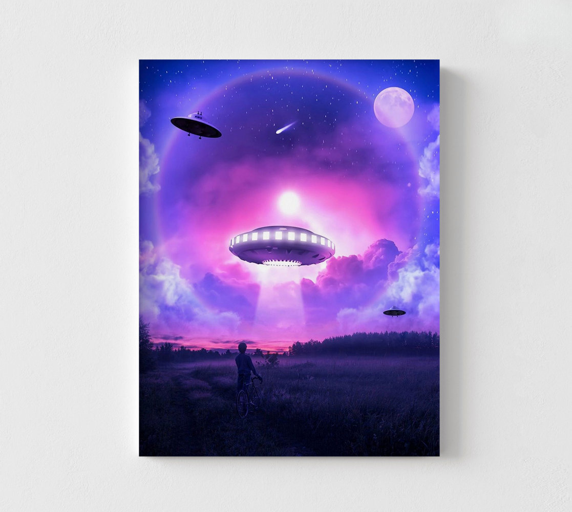 WeFrameArt Cool Alien Poster Print, Purple Cloudy Night Sky UFO Poster ...