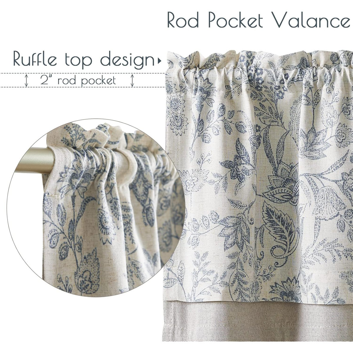 JINCHAN Linen Floral Valance Curtain Farmhouse Double Layer Valance ...