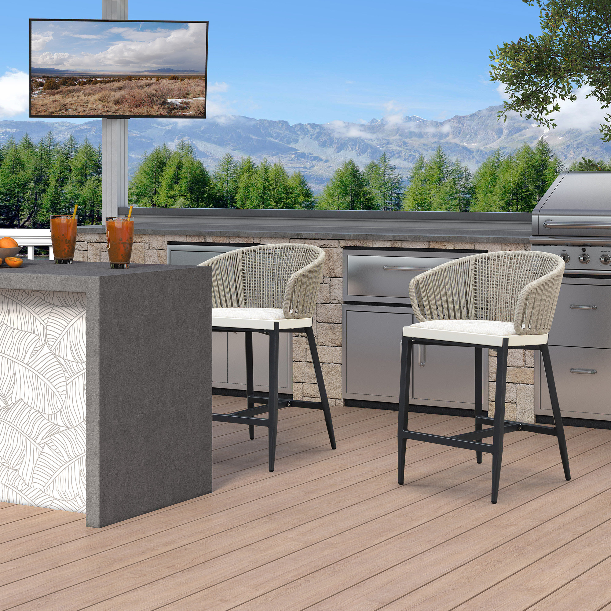 George Oliver Outdoor Rattan Counter Height Bar Stools With Wicker ...