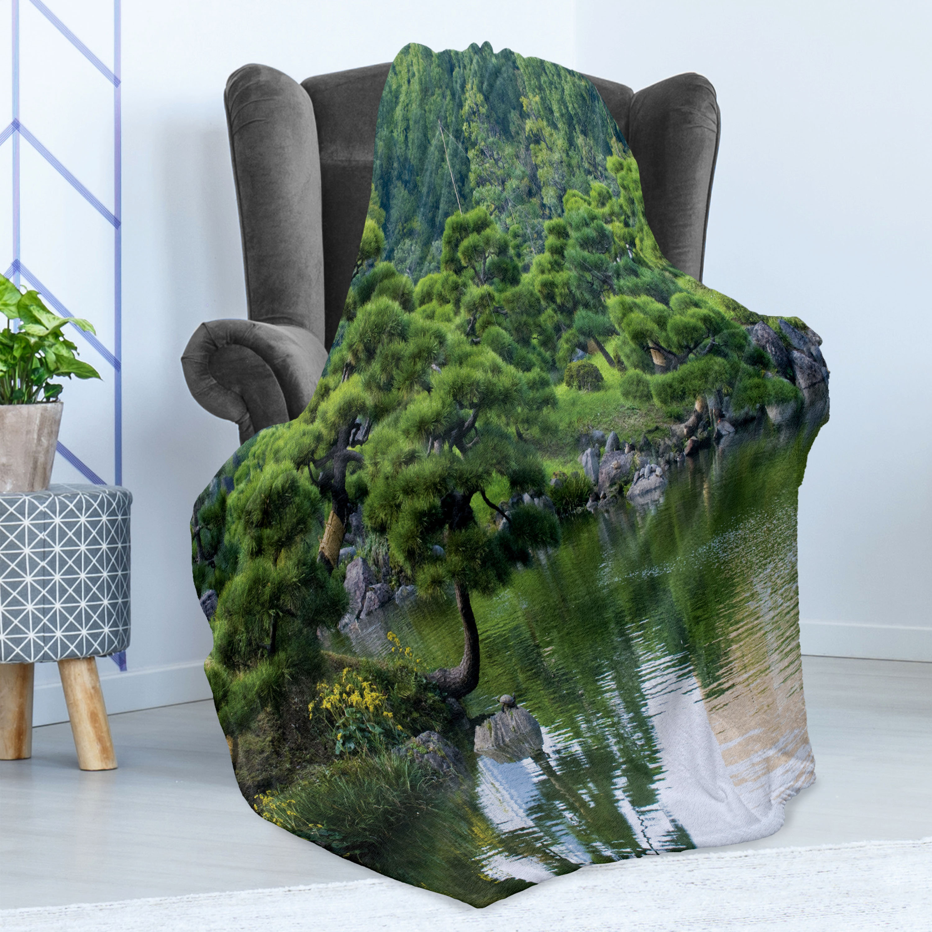 Ambesonne Nature Fleece Throw Blanket River Landscape Trees Green | Wayfair