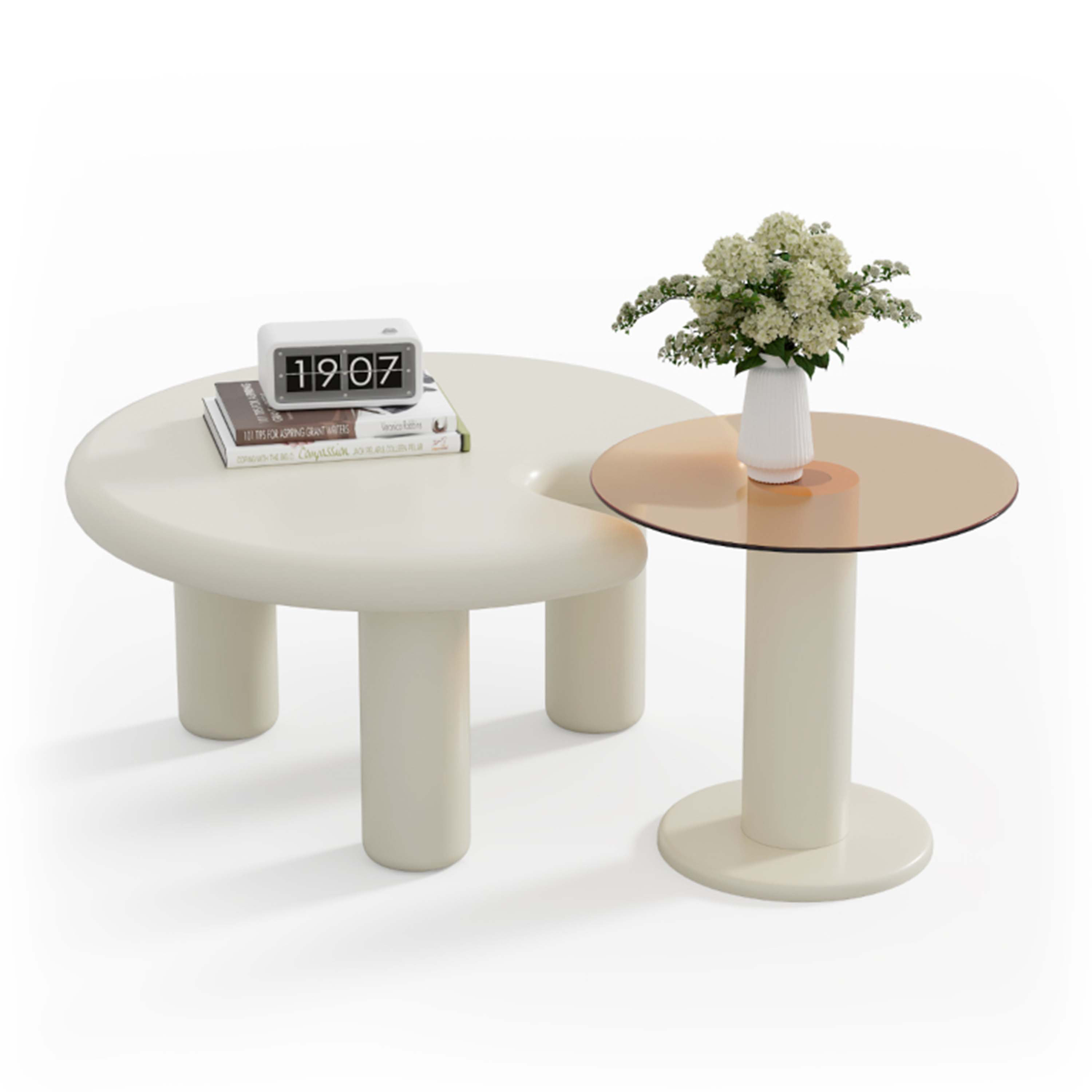 George Oliver Circular Beige Cream Coffee Table Set Easy Assembly for ...