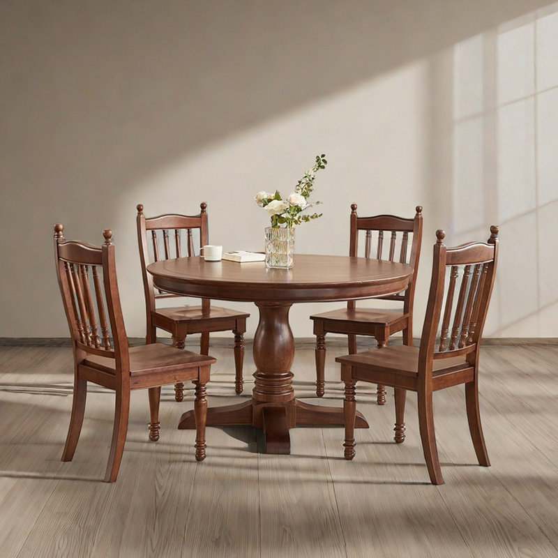 A Zoetic Home Vintage Round Dark Brown Walnut Dining Table Set | Wayfair