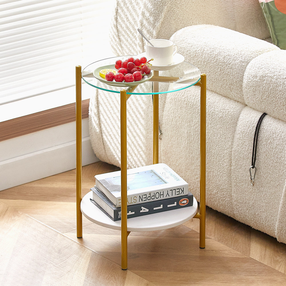 Mercer41 2-Layer End Table With Tempered Glass And Marble Tabletop ...