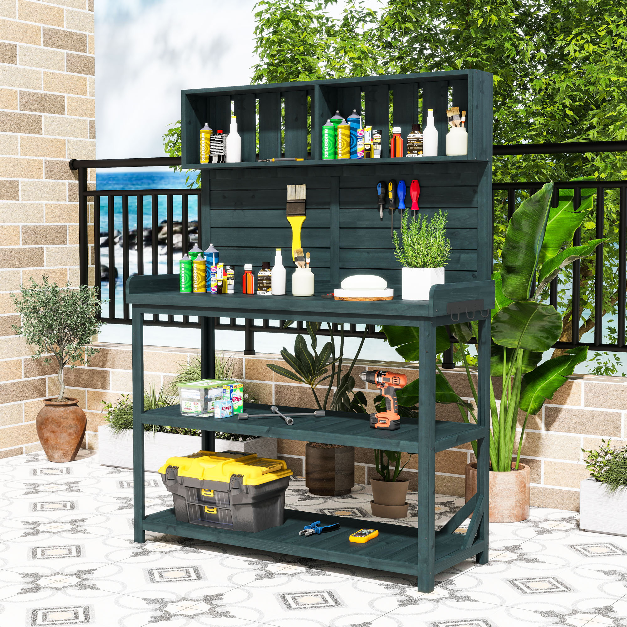 Gracie Oaks Fir Wood Outdoor Potting Bench with Spacious Workstation ...