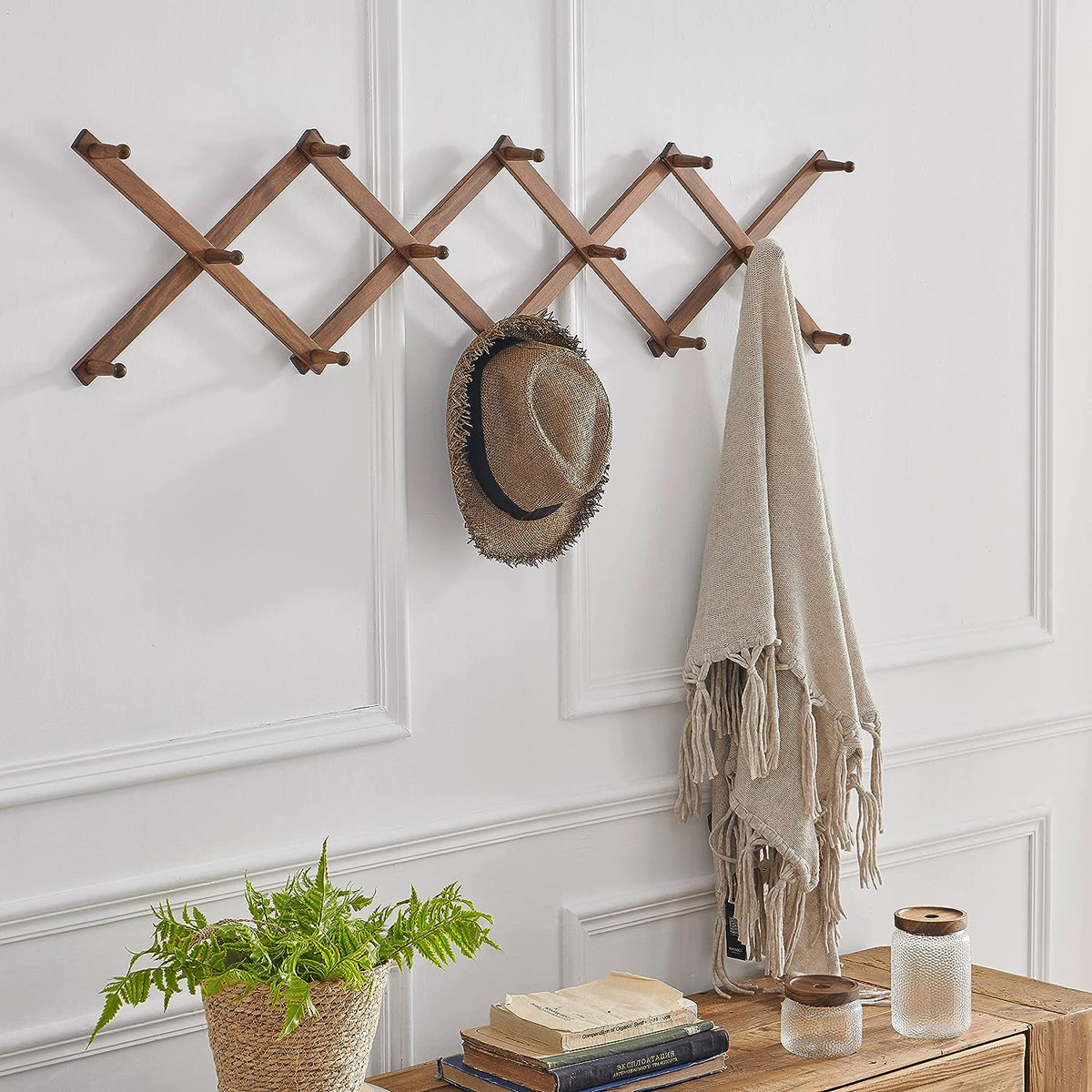 Gracie Oaks Pine Wood Accordion Wallmount Hat Hanger, Expandable Purse ...