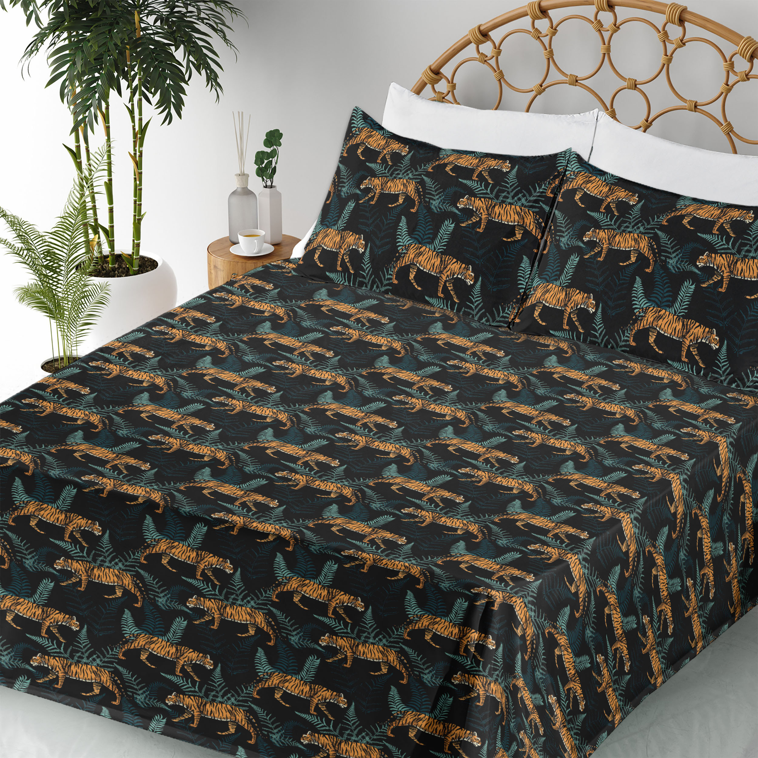 Ambesonne Nature Sheet Set Tiger Illustration With Leaf Marigold Black ...