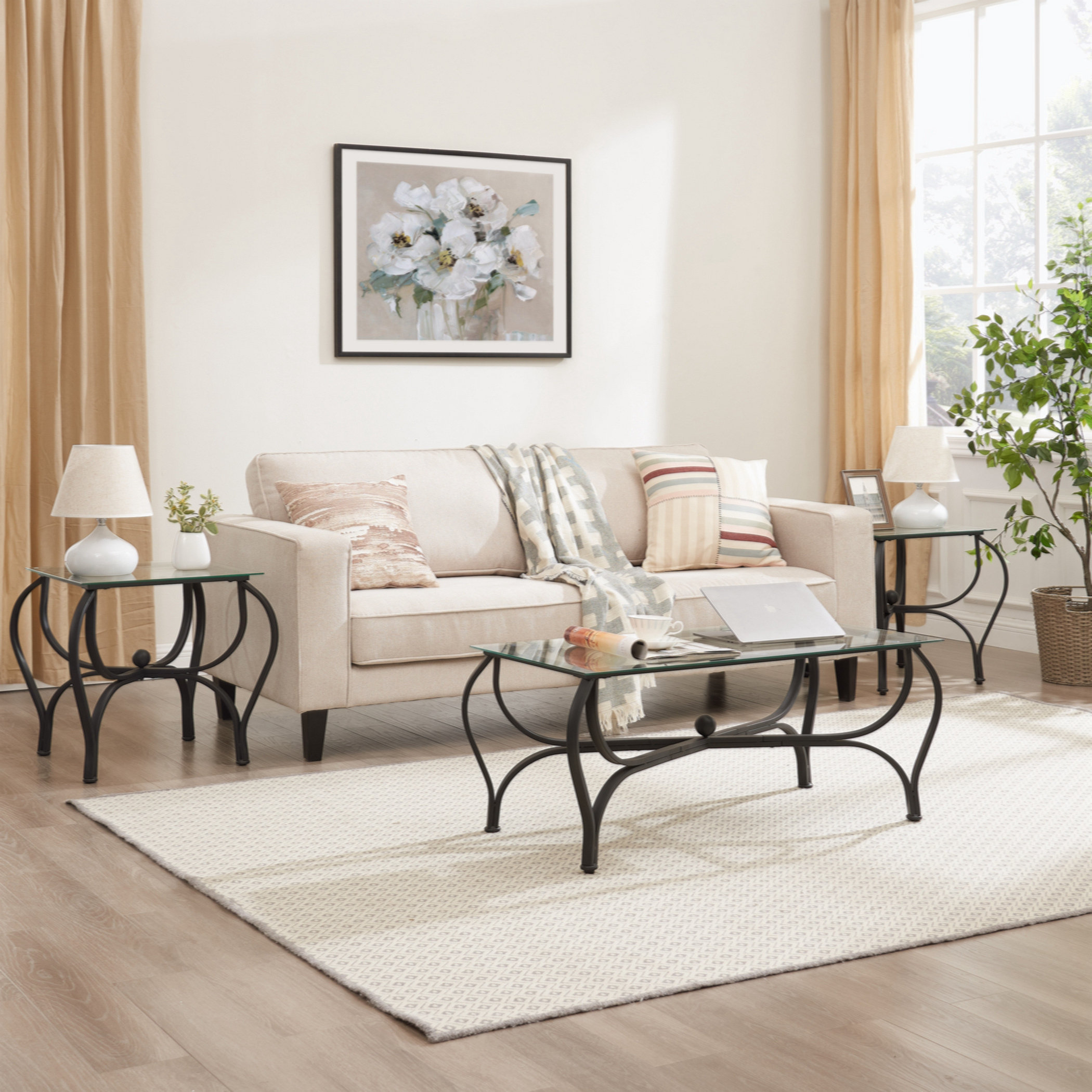 Wenty Tempered Glass Surface 3-Piece Coffee Table Set Decor Rectangle ...