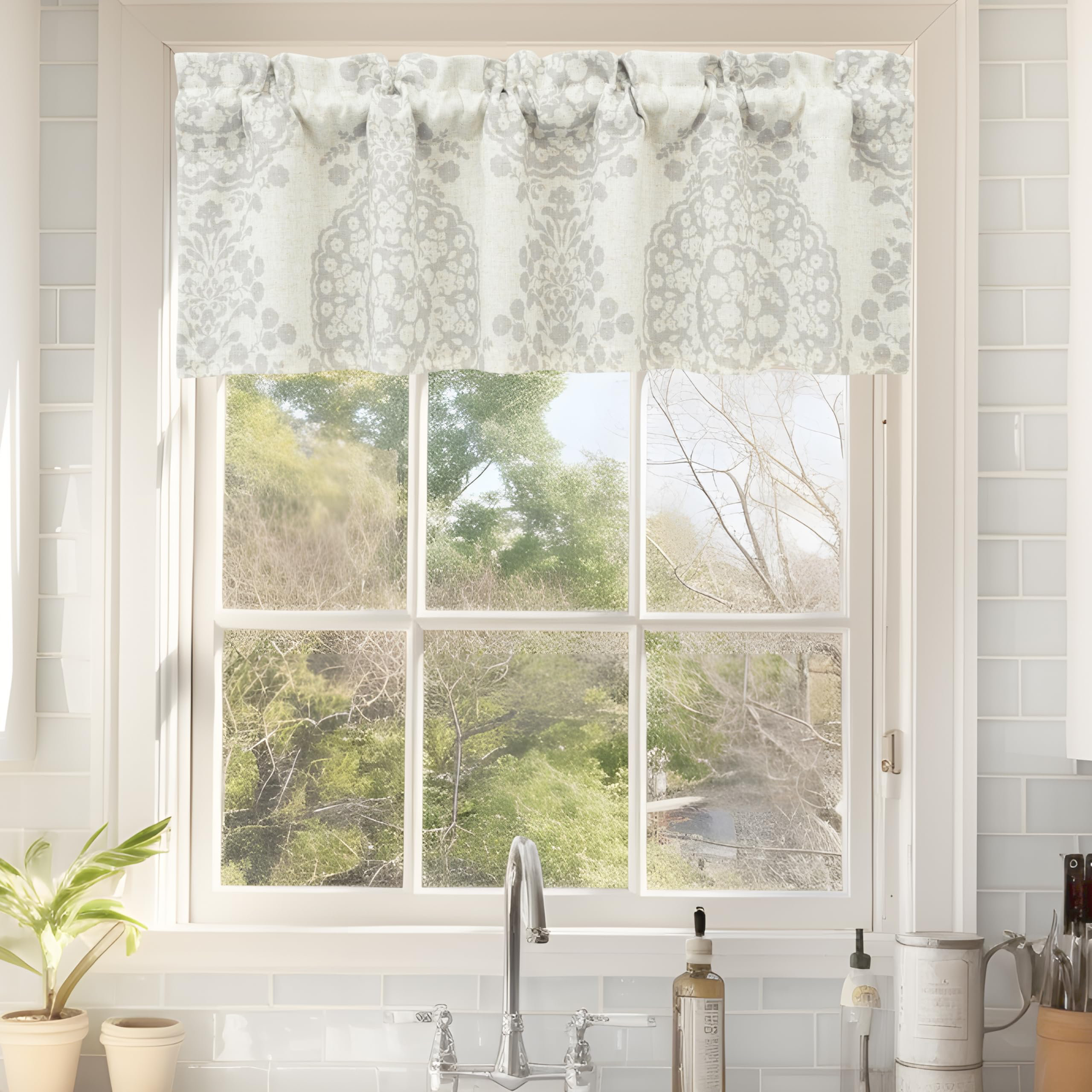 Charlton Home® Linen Blackout Valance Gray Damask Linen Look Thermal ...