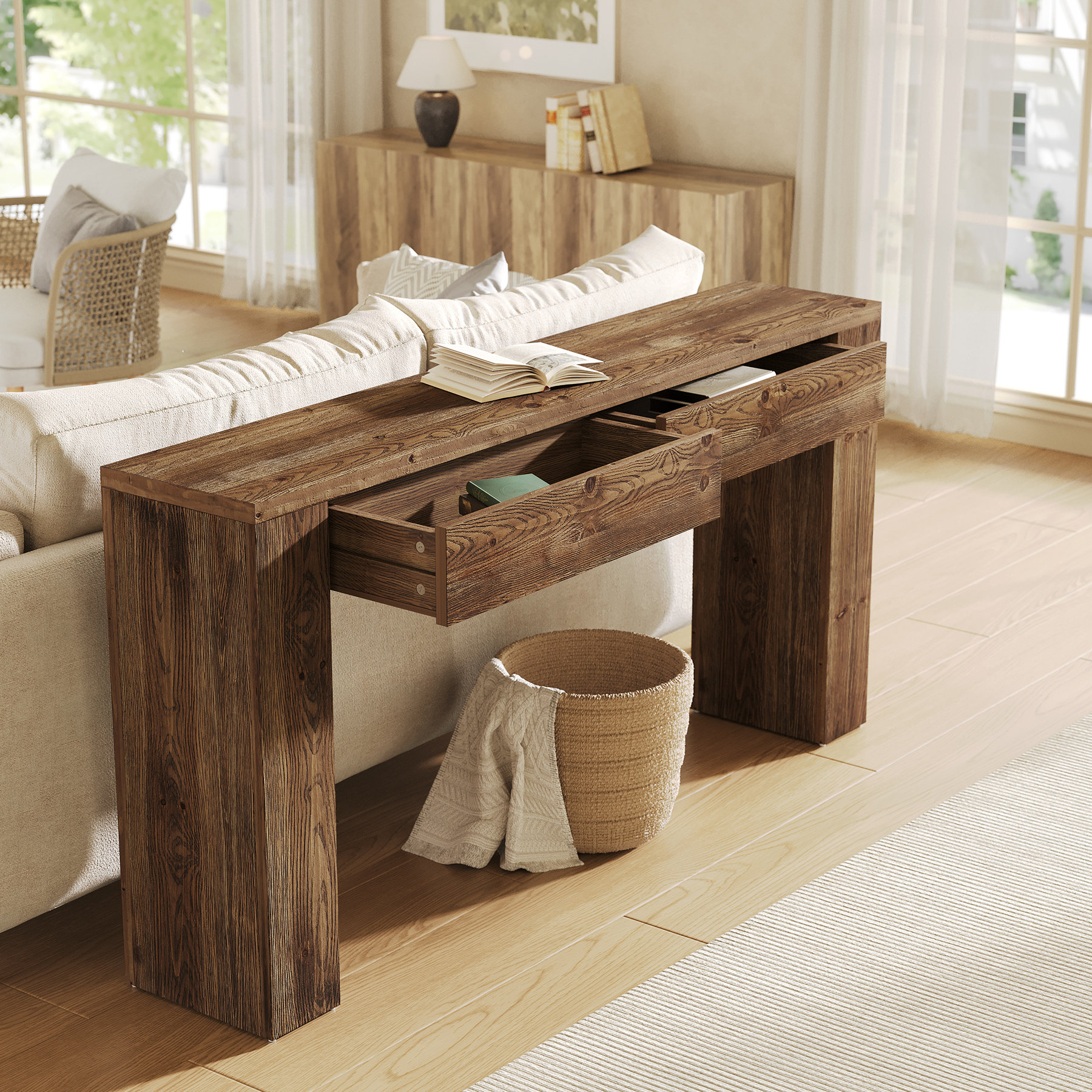 Millwood Pines Solid Wood Console Sofa Table with 2 Drawers, 63-inch ...