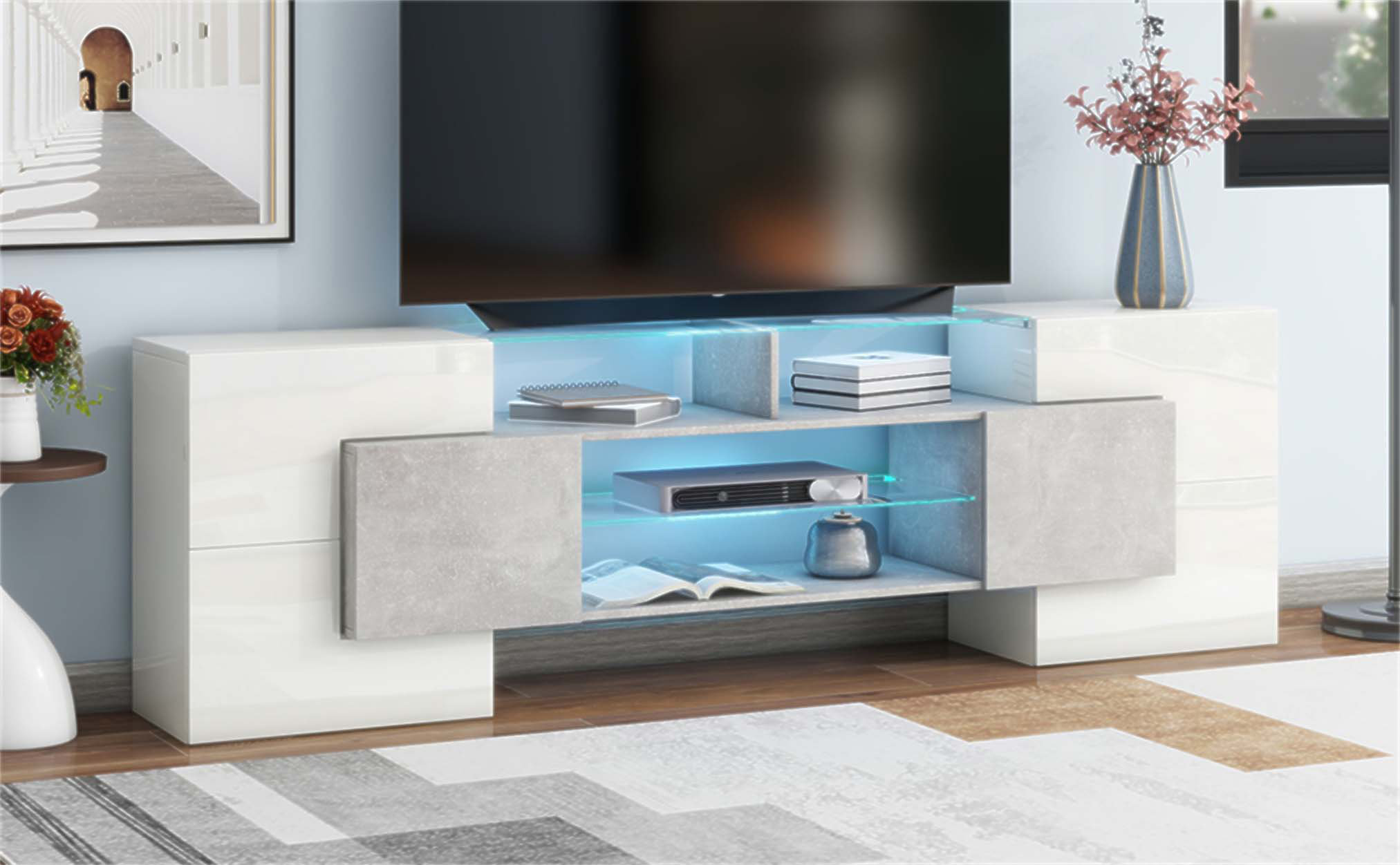 Ivy Bronx Unique Shape TV Stand with 2 Illuminated Glass Shelves, High ...