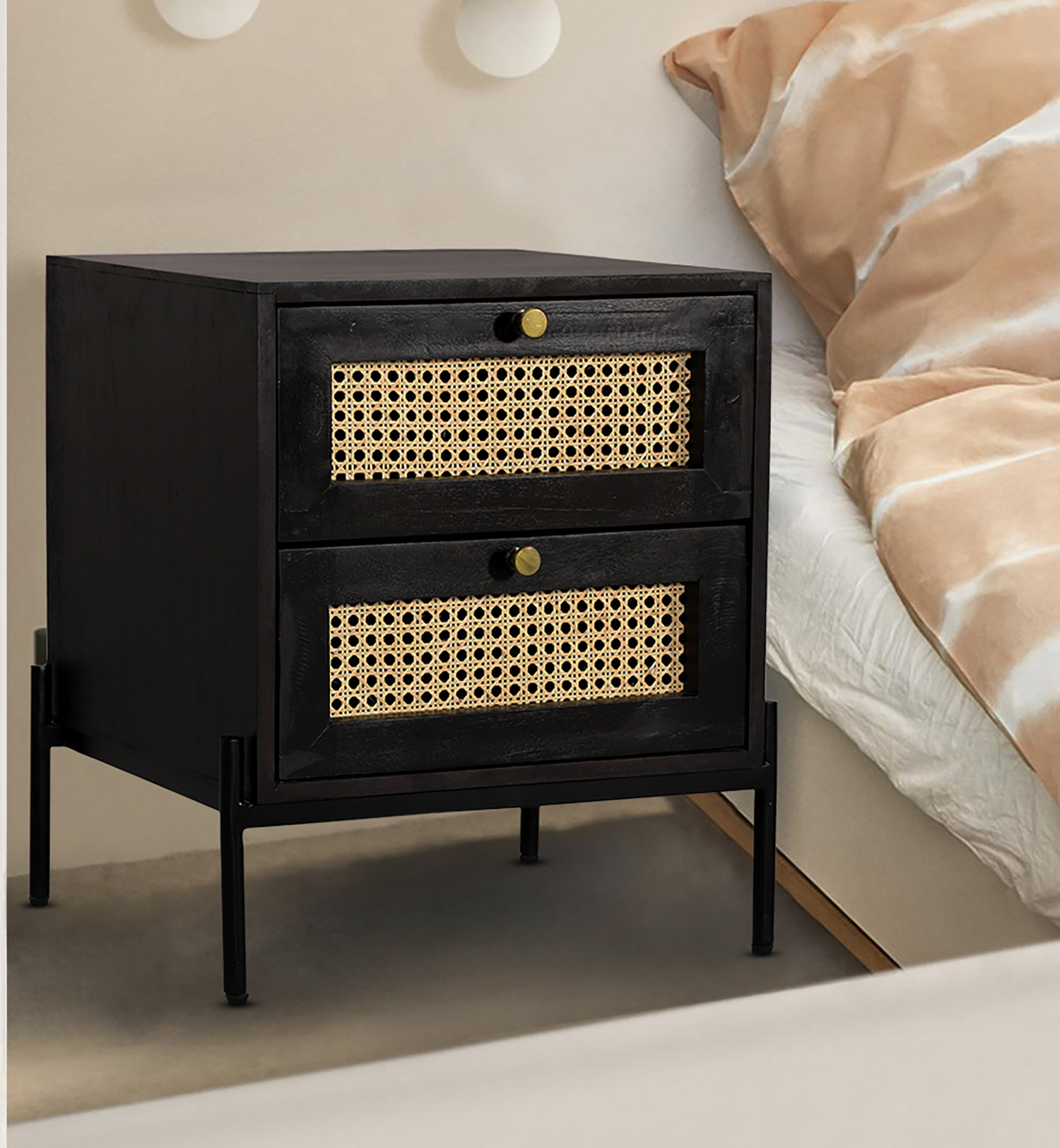 17 Stories Gumbert Framingham 2 Drawer Rattan Bedside Table Black ...