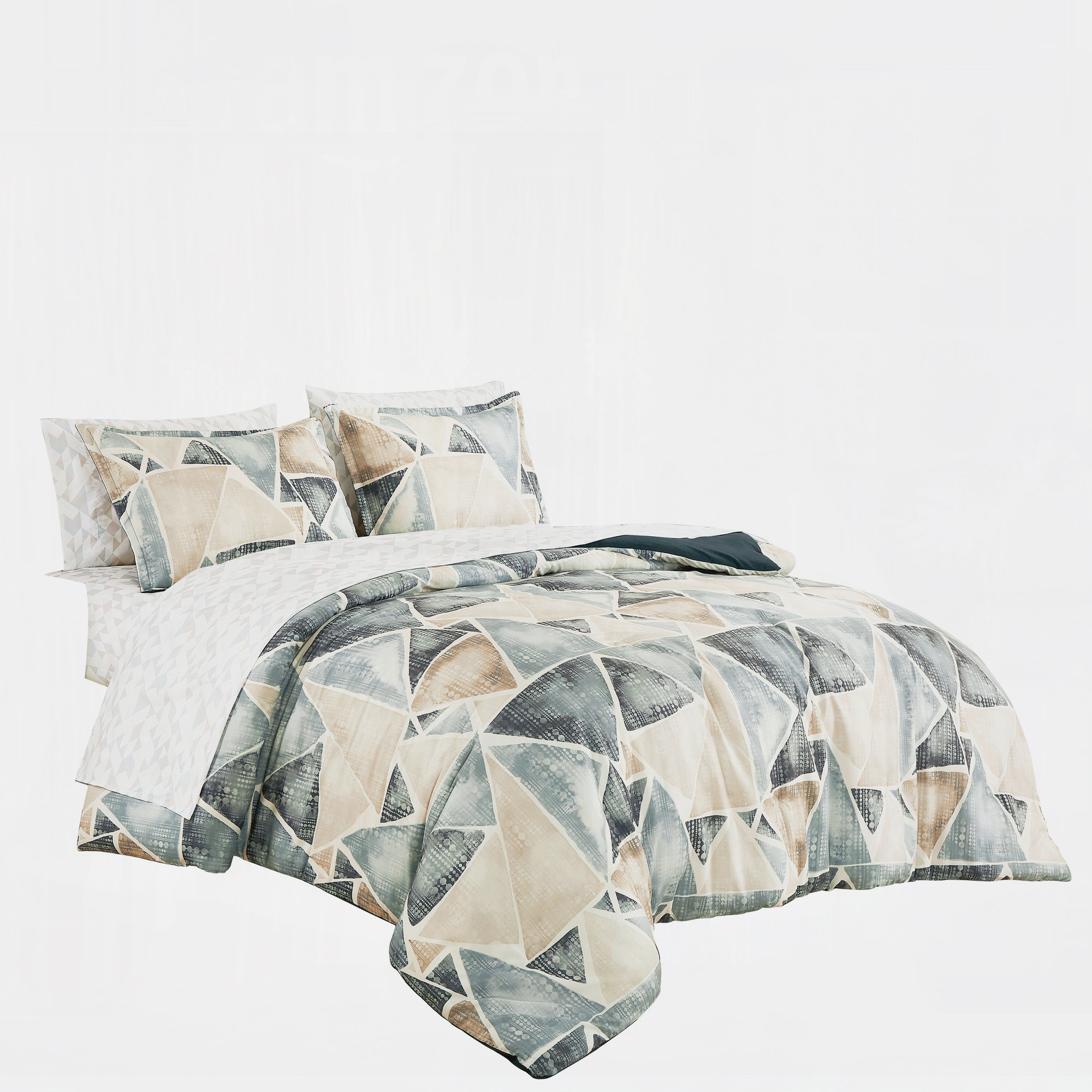 BRHF Reversible Beige Gray And Navy Geometric Microfiber Bedding Set ...