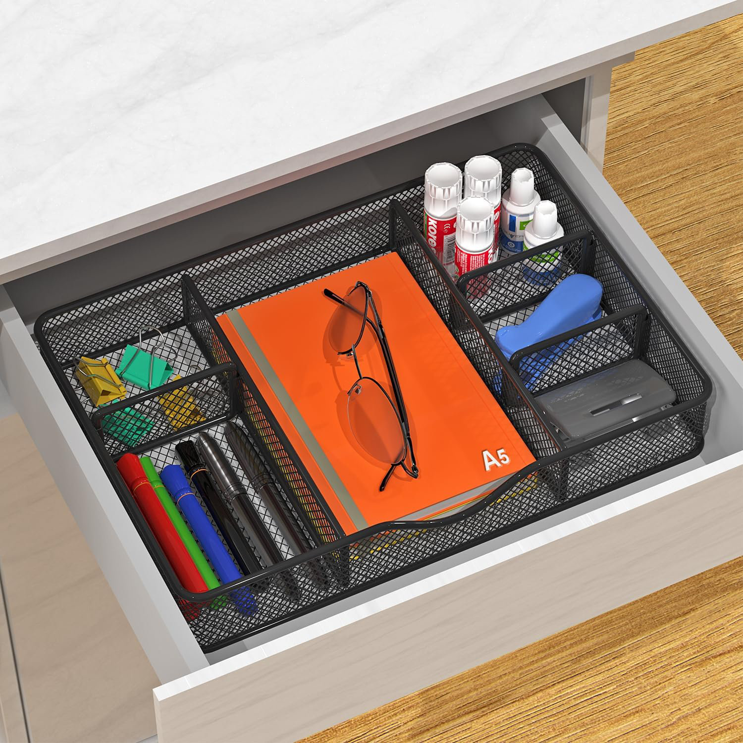 TIFONE Desk Drawer Organizer, Metal Mesh Drawer Organizer Tray with 6 ...