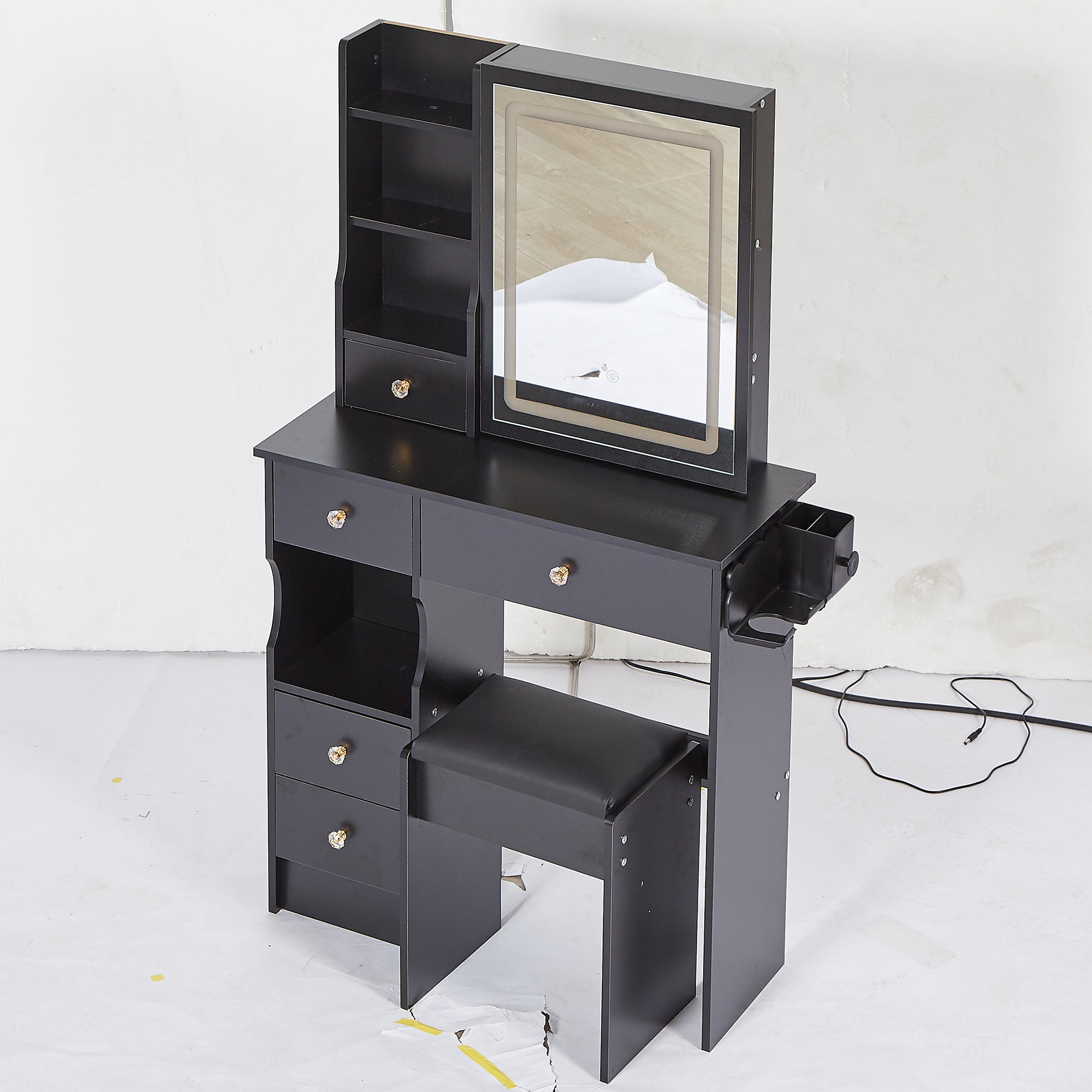 Latitude Run® Left Drawer Desktop Vanity Table + Cushioned Stool, 2 AC+2 USB Power Station, Hair ...