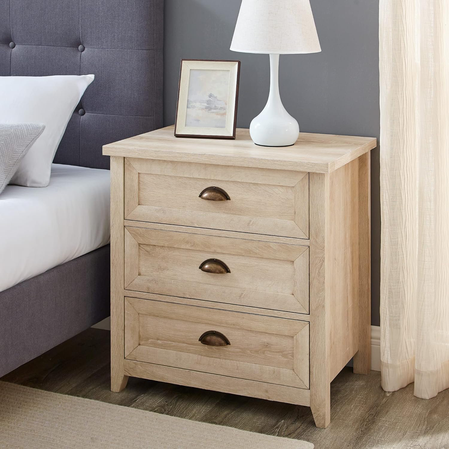 Gracie Oaks Hazel Modern Farmhouse 3 Drawer Framed Nightstand With Half-Moon Handles, 25 Inch ...