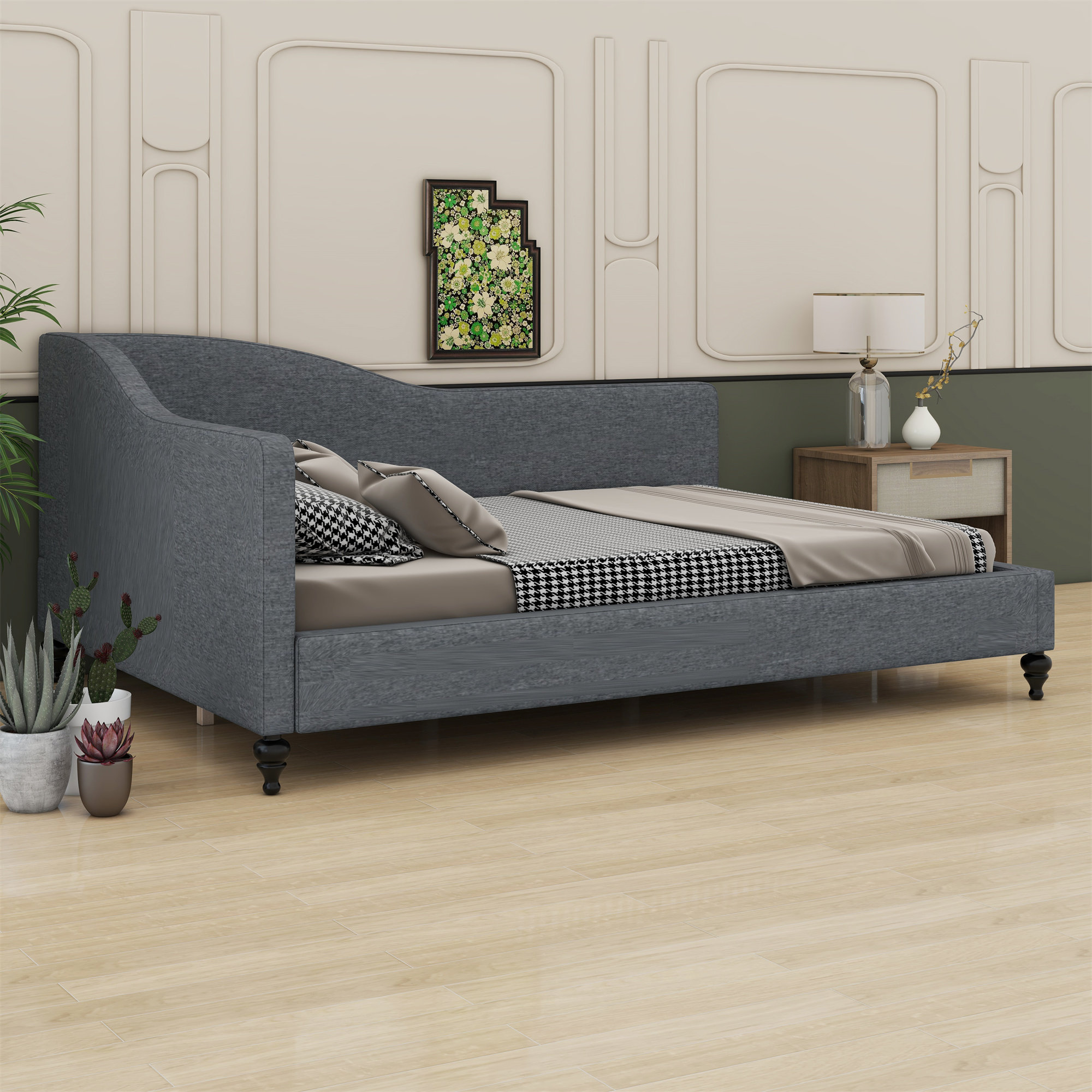 Alcott Hill® Full Size L-Shaped Linen Daybed With Solid Wood Legs | Wayfair