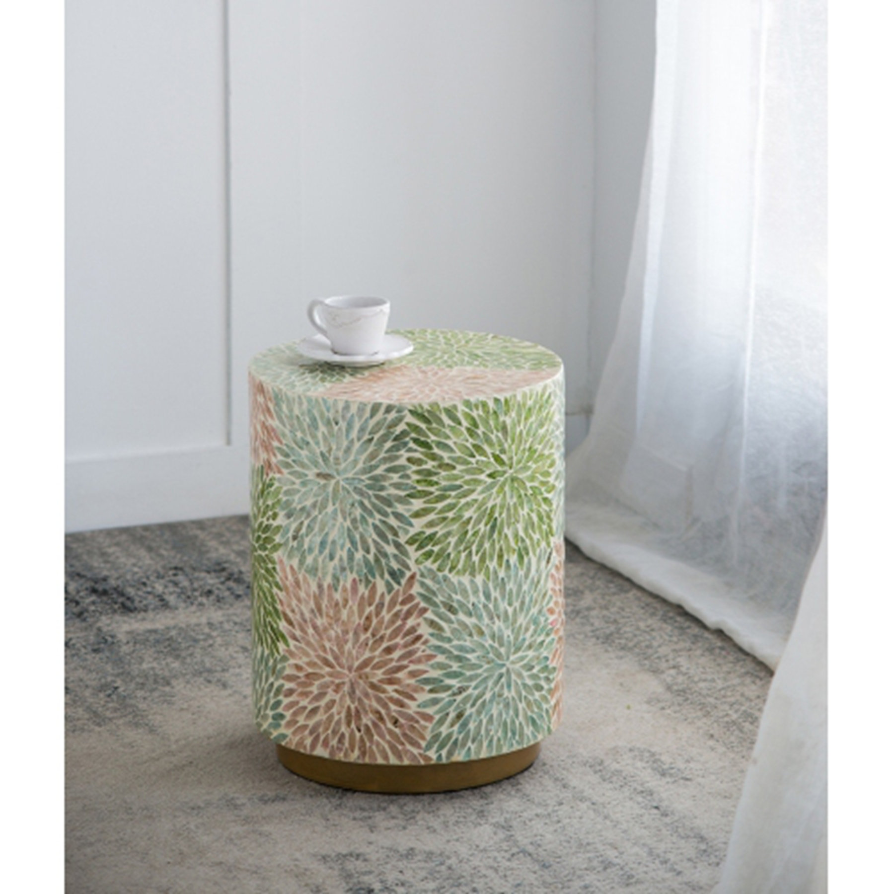Dovecove Cylindrical Garden Stool, Capiz Side Table | Wayfair