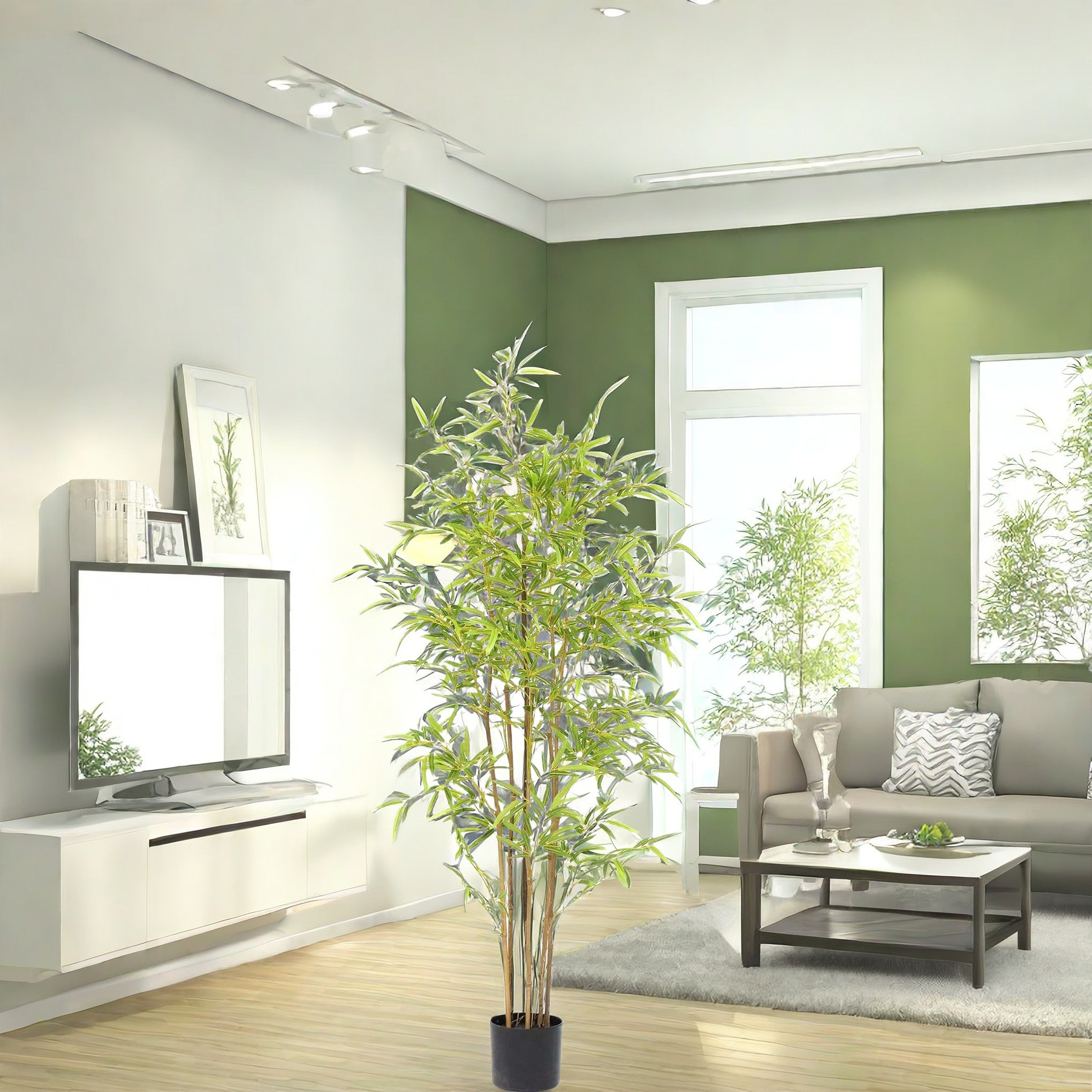 Primrue Artificial Bamboo Tree, Fake Bamboo Tree With Silk Leaves And ...