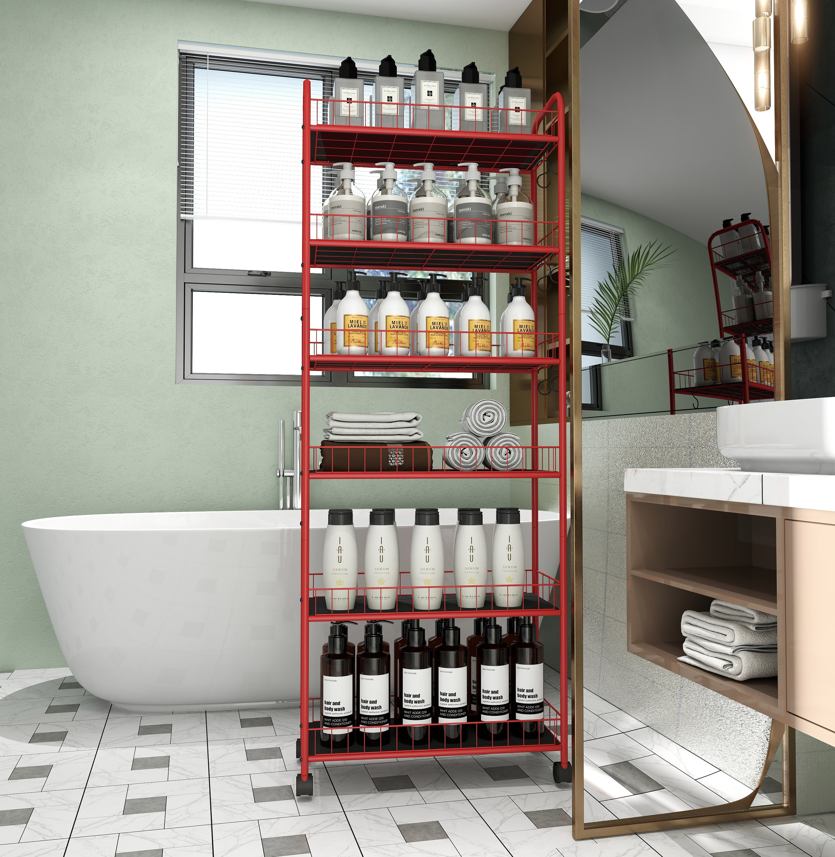 Latitude Run® Red 6-Tier Rolling Cart Gap Kitchen Slim Slide Out ...