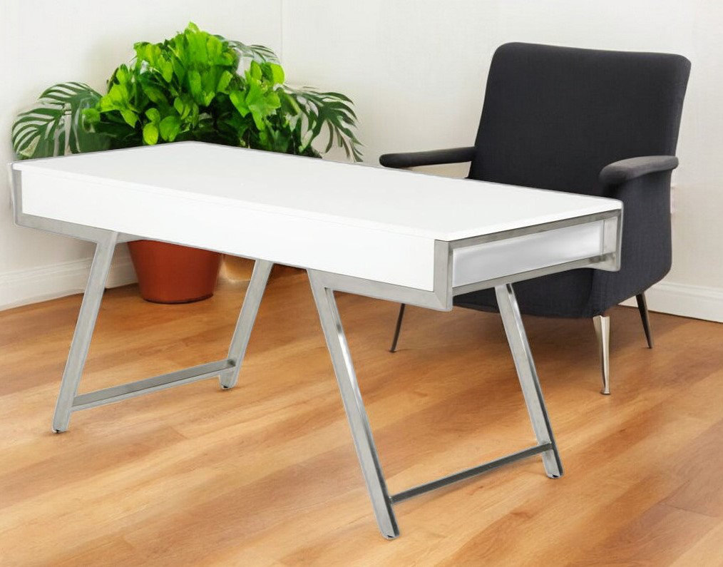 HomeRoots 63" White and Silver Writing Desk With Three Drawers | Wayfair