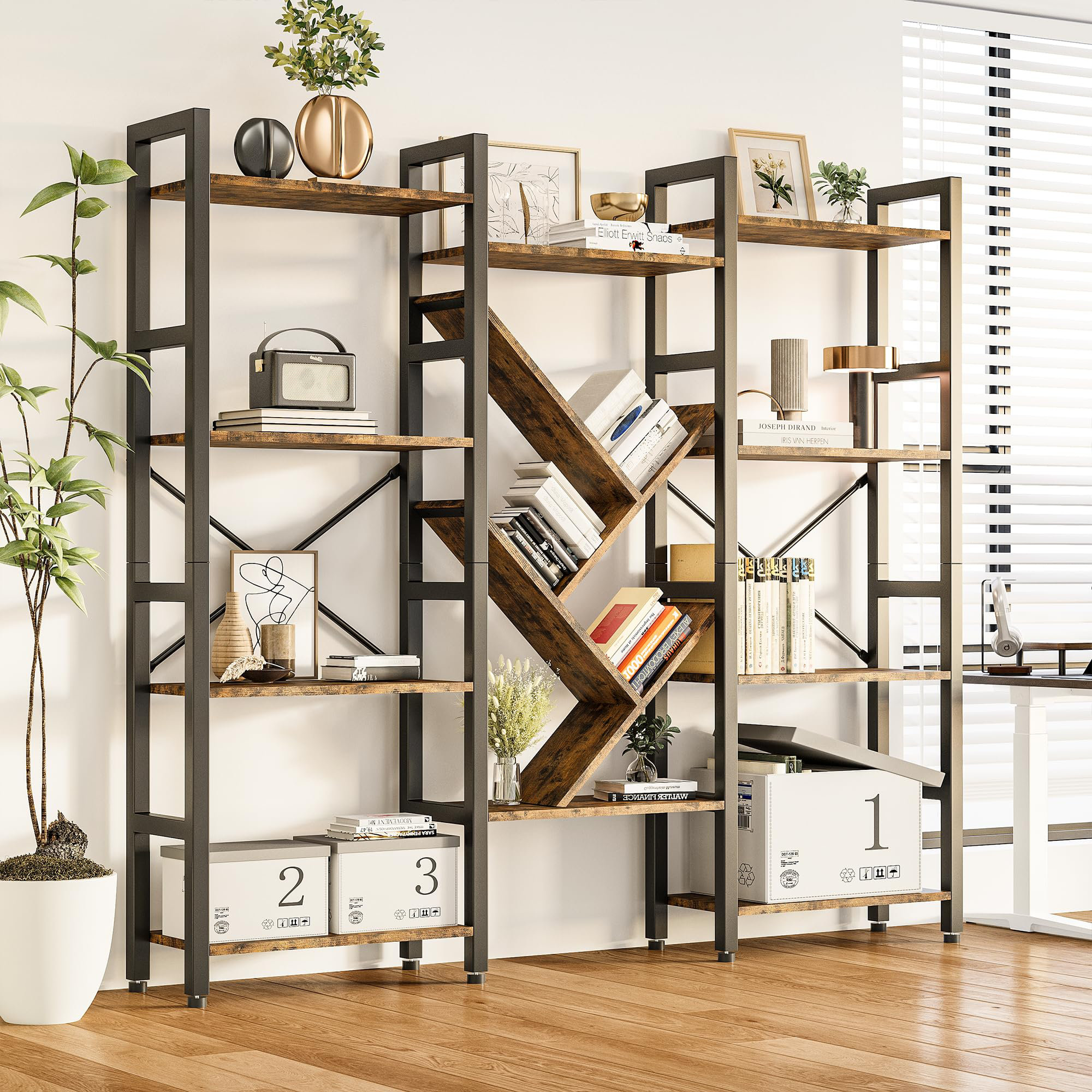 17 Stories Three Tier Four Shelf Bookcase, Large Wooden Bookcase With ...