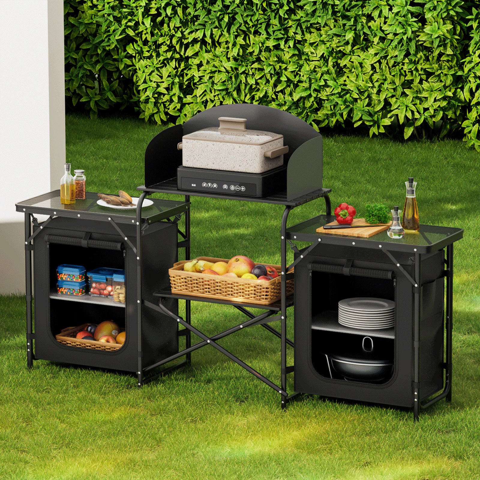 Arlmont & Co. Folding Portable Cook Table With Storage Organizer ...