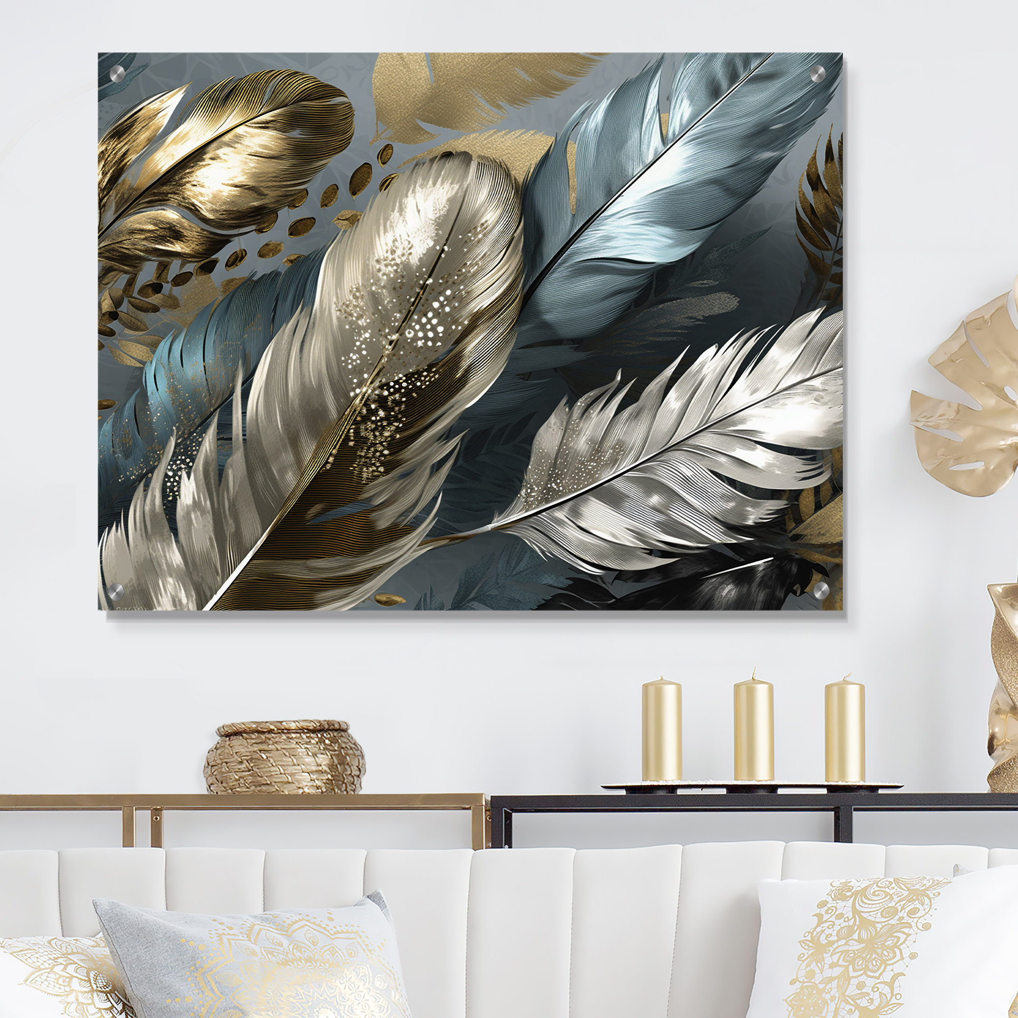 Dakota Fields Gold Gilded Feathers IV - Glam Feather Acrylic Wall Art ...
