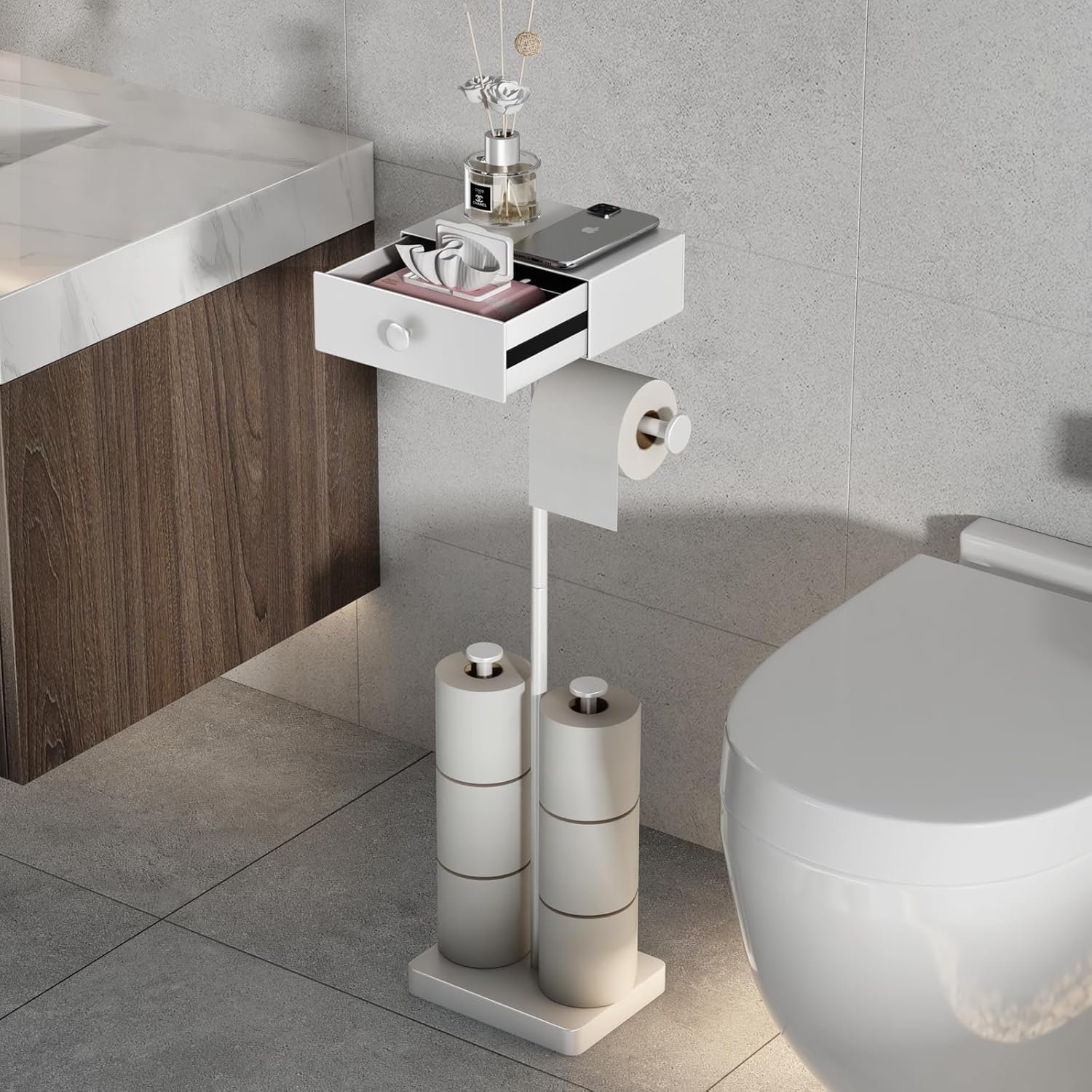 BONLOD Toilet Paper Holder Stand With Shelf Free Standing Toilet Paper ...