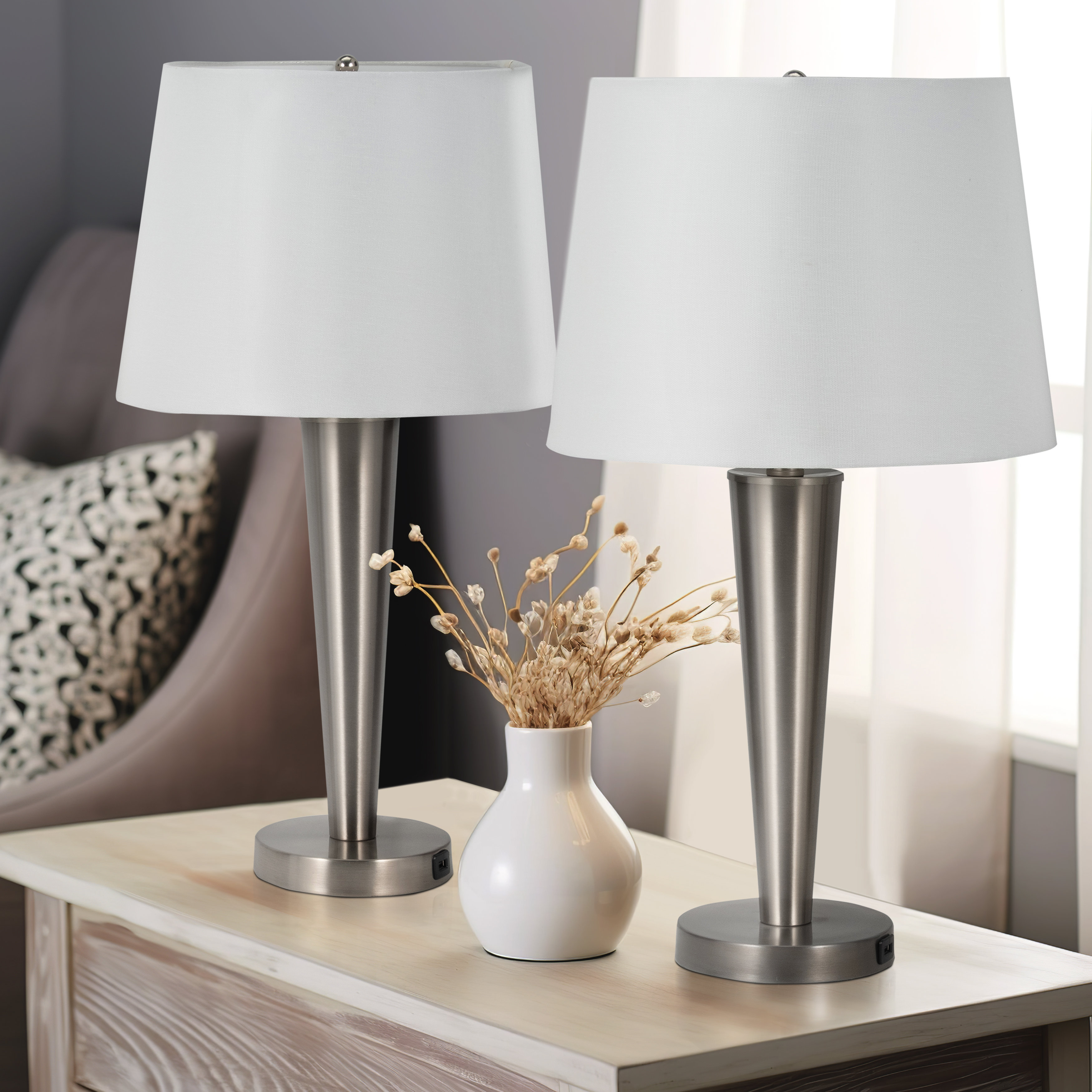 Orren Ellis Slim Cone Table Lamps, Nickel, Steel and Linen Construction ...