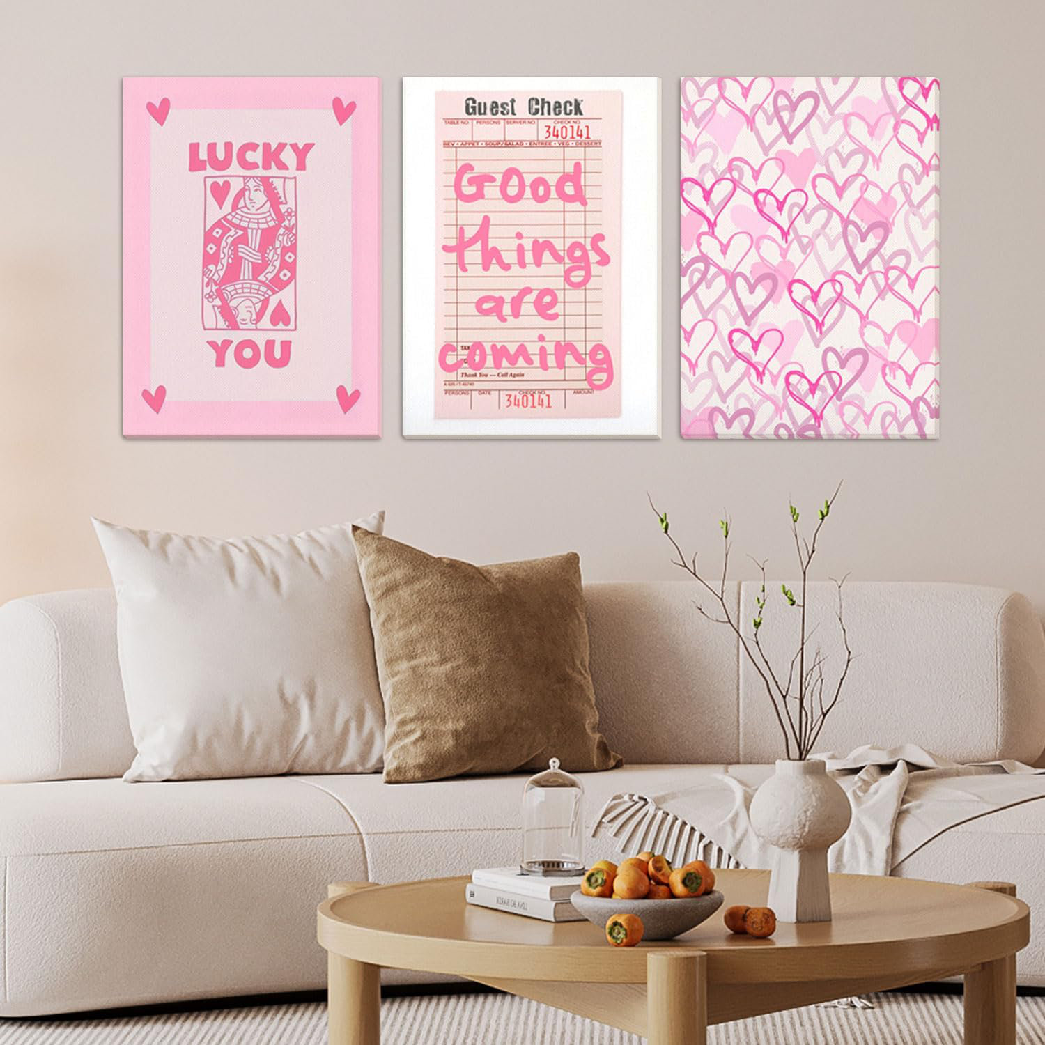 Dakota Fields Trendy Preppy Canvas Wall Art Framed Set Of 3 Pink Lucky ...