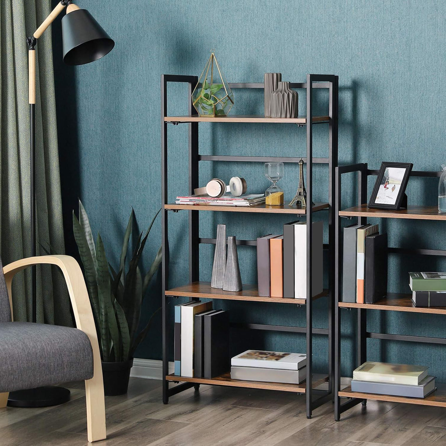 17 Stories Industrial Folding Bookcase, 4-Tier Ladder Shelf, Wood Look Accent Furniture with ...