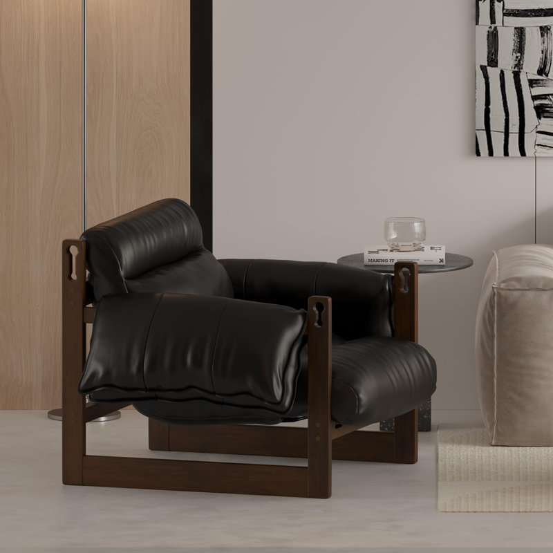 17 Stories Reve 33.5" Wide Oil Wax Leather Aceent Chair, Solid Wood ...